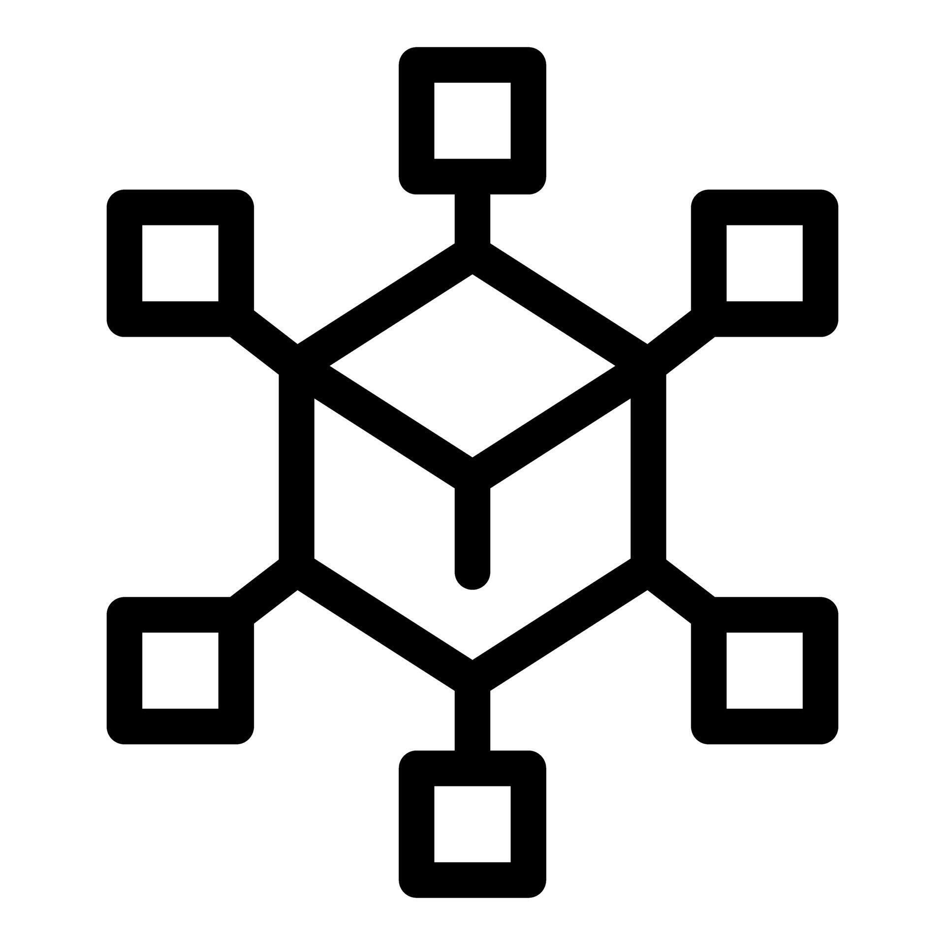 Simple black and white illustration of a blockchain network icon with a central node 46044405 ...