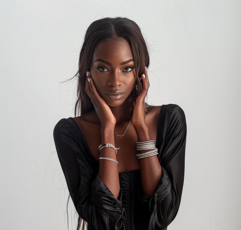 Woman With Long Hair Wearing Black Dress 46045337 Stock Photo at Vecteezy