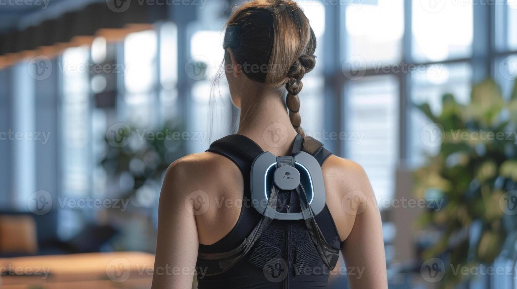 An image of a wearable posture sensor monitoring body positioning and providing gentle vibration ...