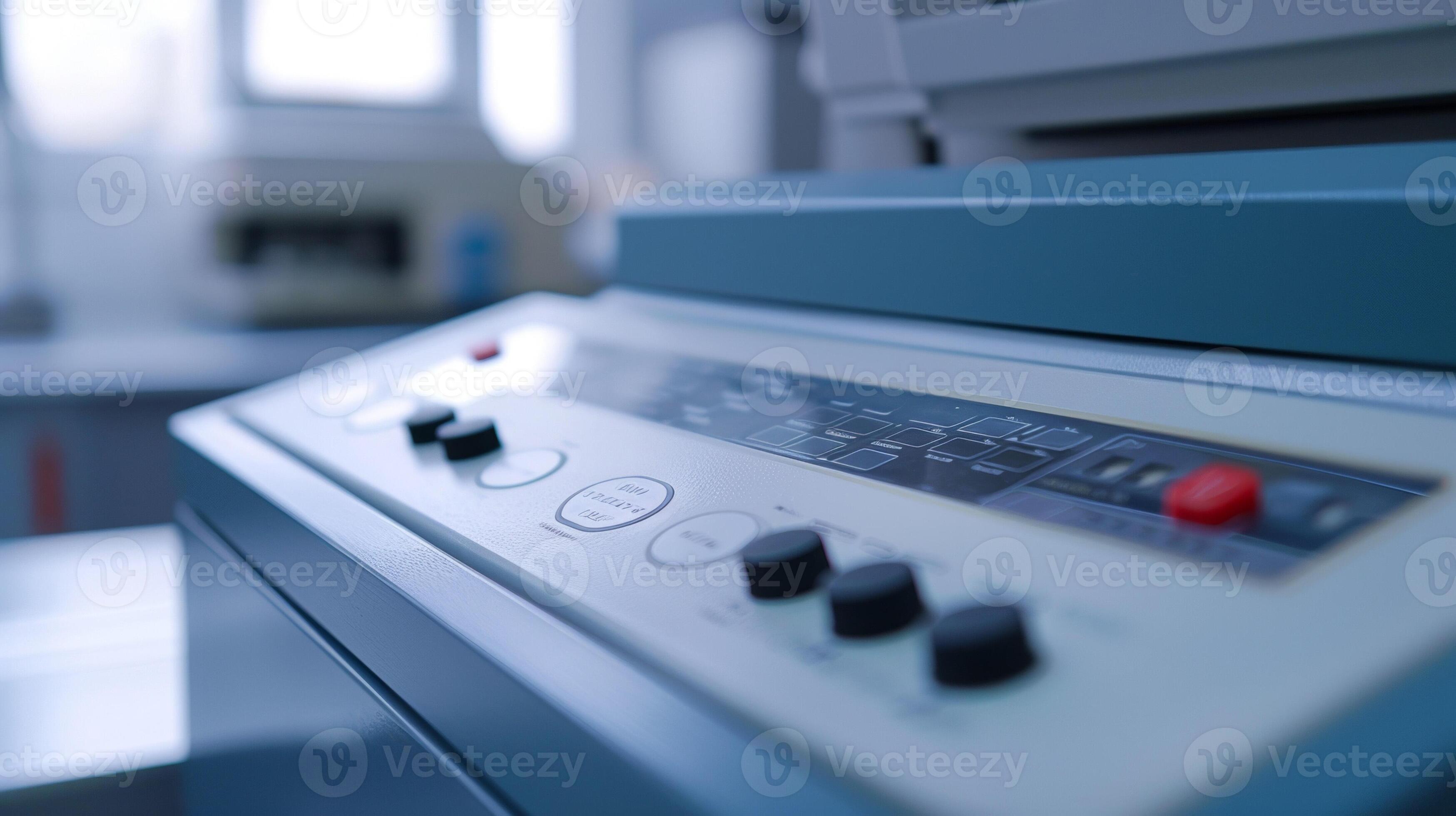 The plastic control panel with clearly labeled buttons and digital ...