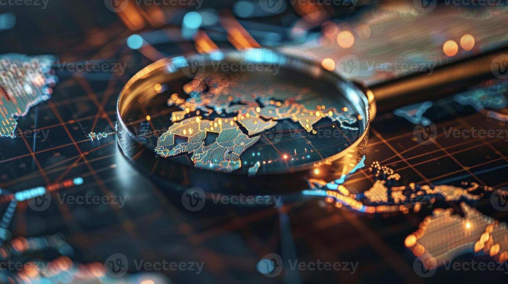 A magnifying glass hovering over a section of a world map with AIgenerated patterns and ...