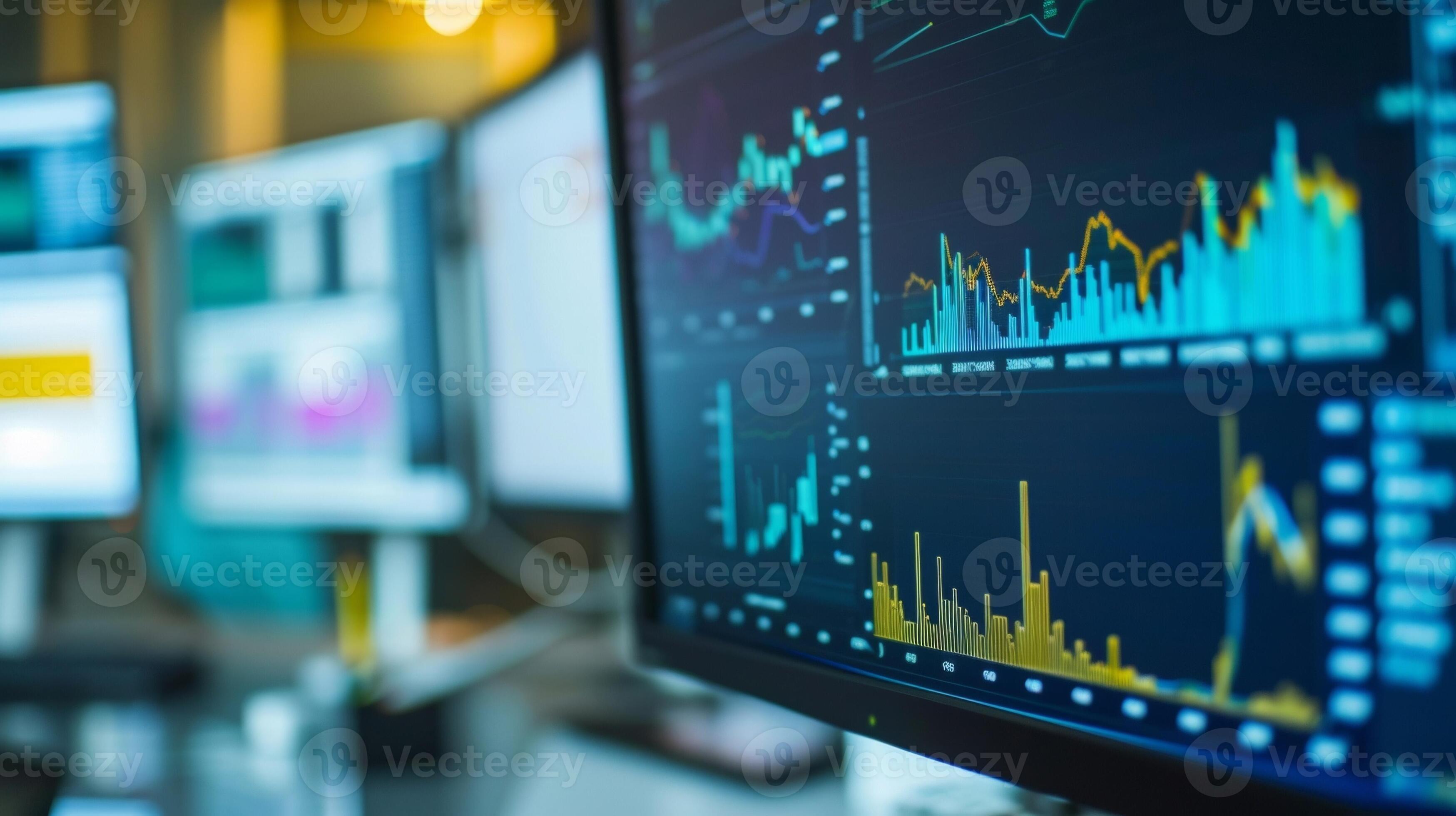 A closeup of a computer screen displays realtime data and statistics on ...