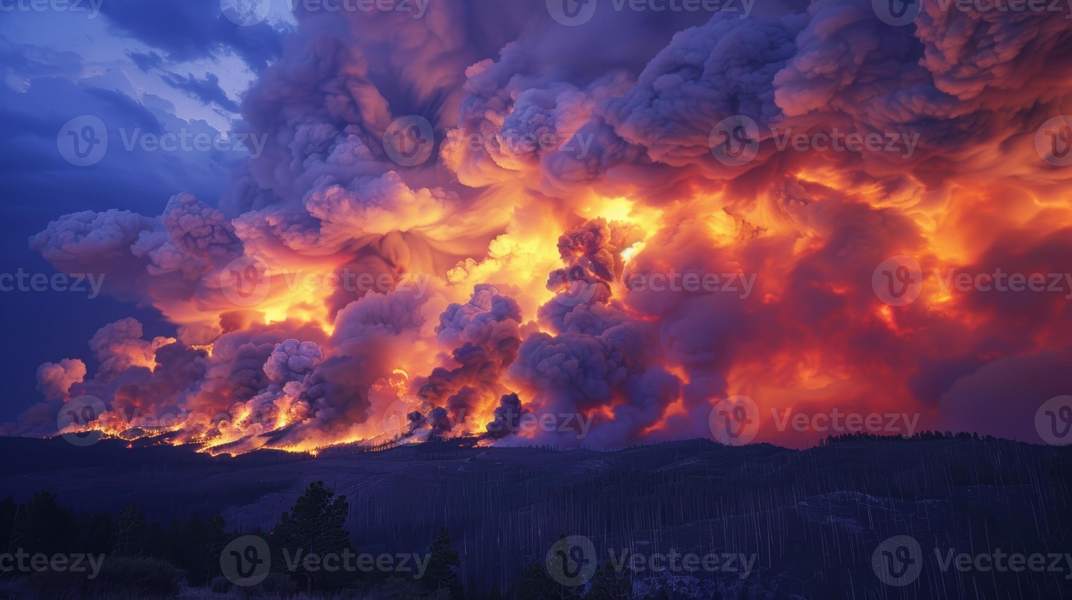 A raging wildfire creating massive pyrocumulus clouds overhead 46074198 Stock Photo at Vecteezy