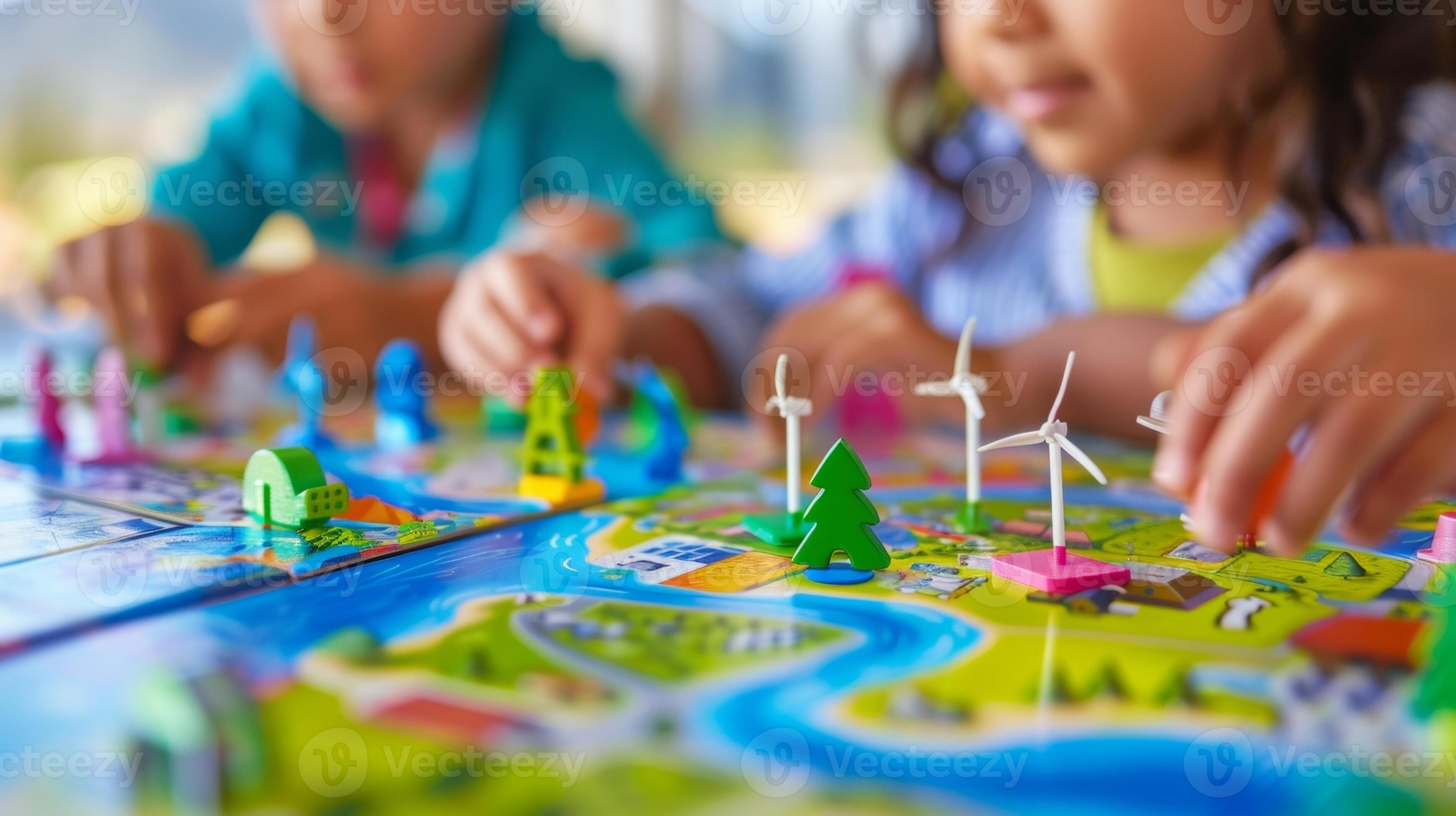 A colorful game board with illustrations of energy sources such as wind ...