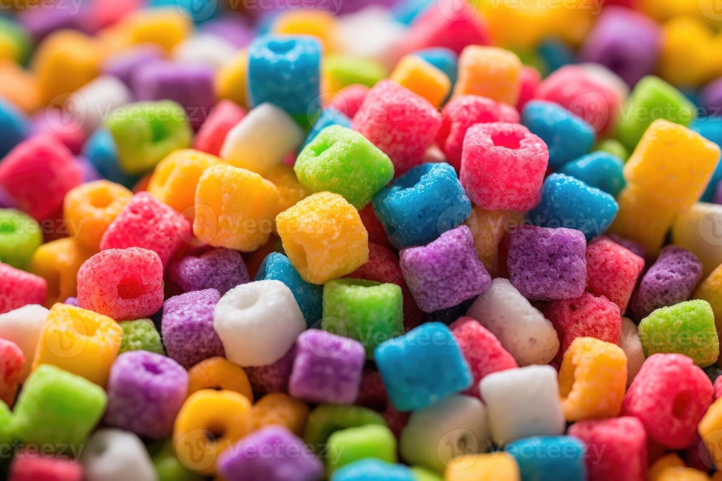 A topdown view showcases a playful array of mini cereal squares ...