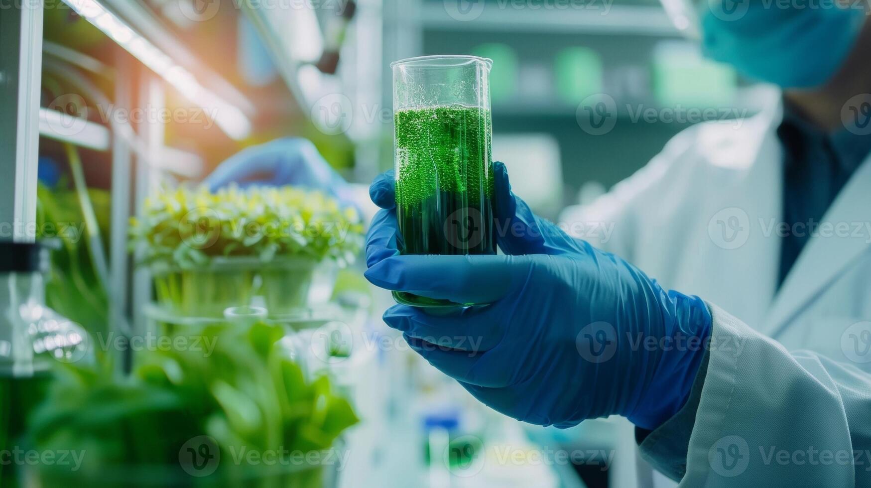 A scientist in a lab coat holding a beaker of vibrant green microalgae solution. This ...