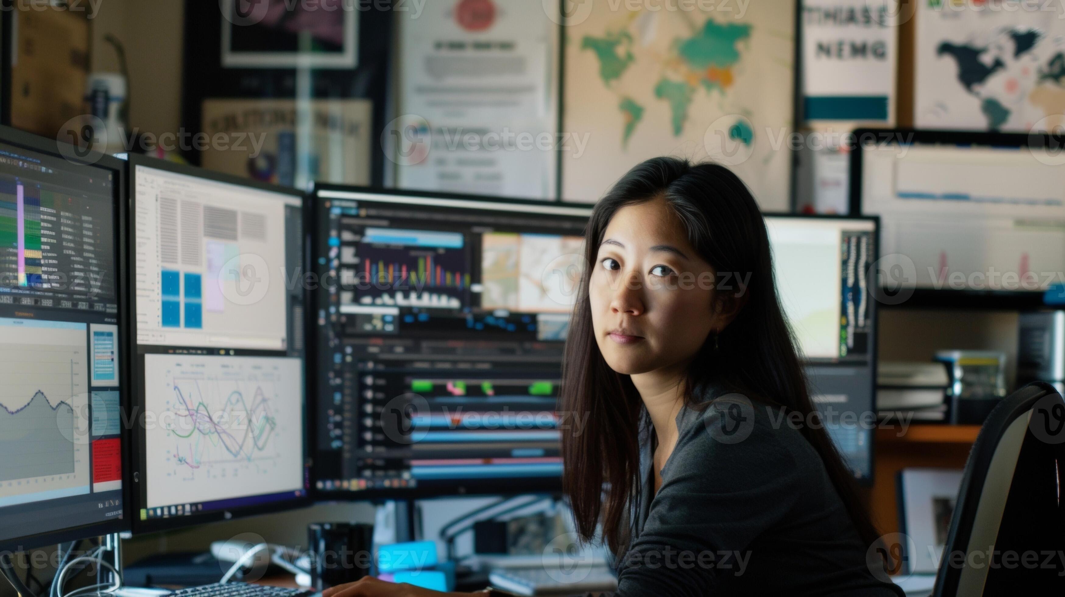 A Woman Sits In Front Of A Computer Intently Yzing Data And Metrics