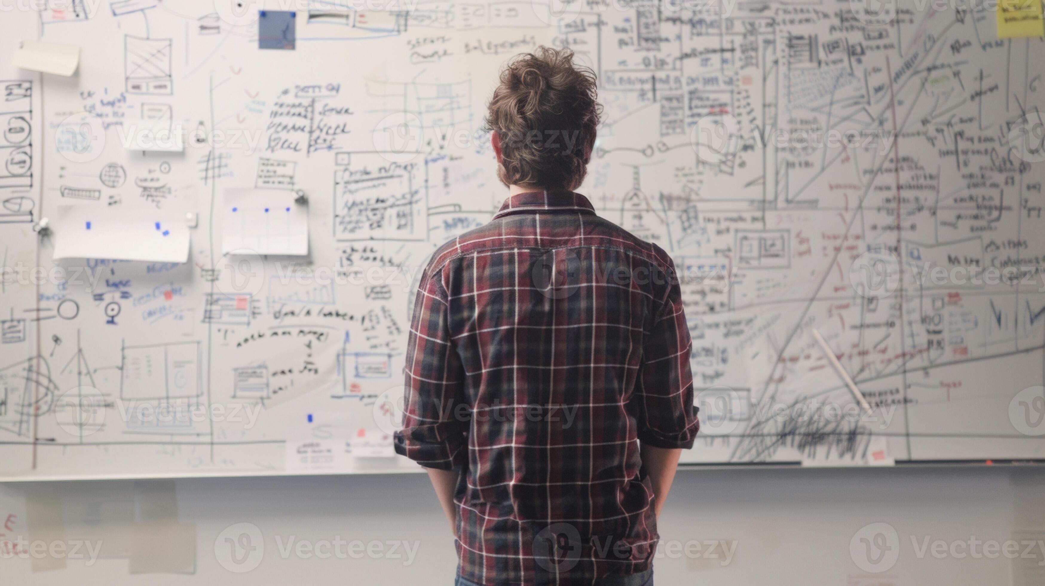 A solitary developer stands in front of a whiteboard covered in ...