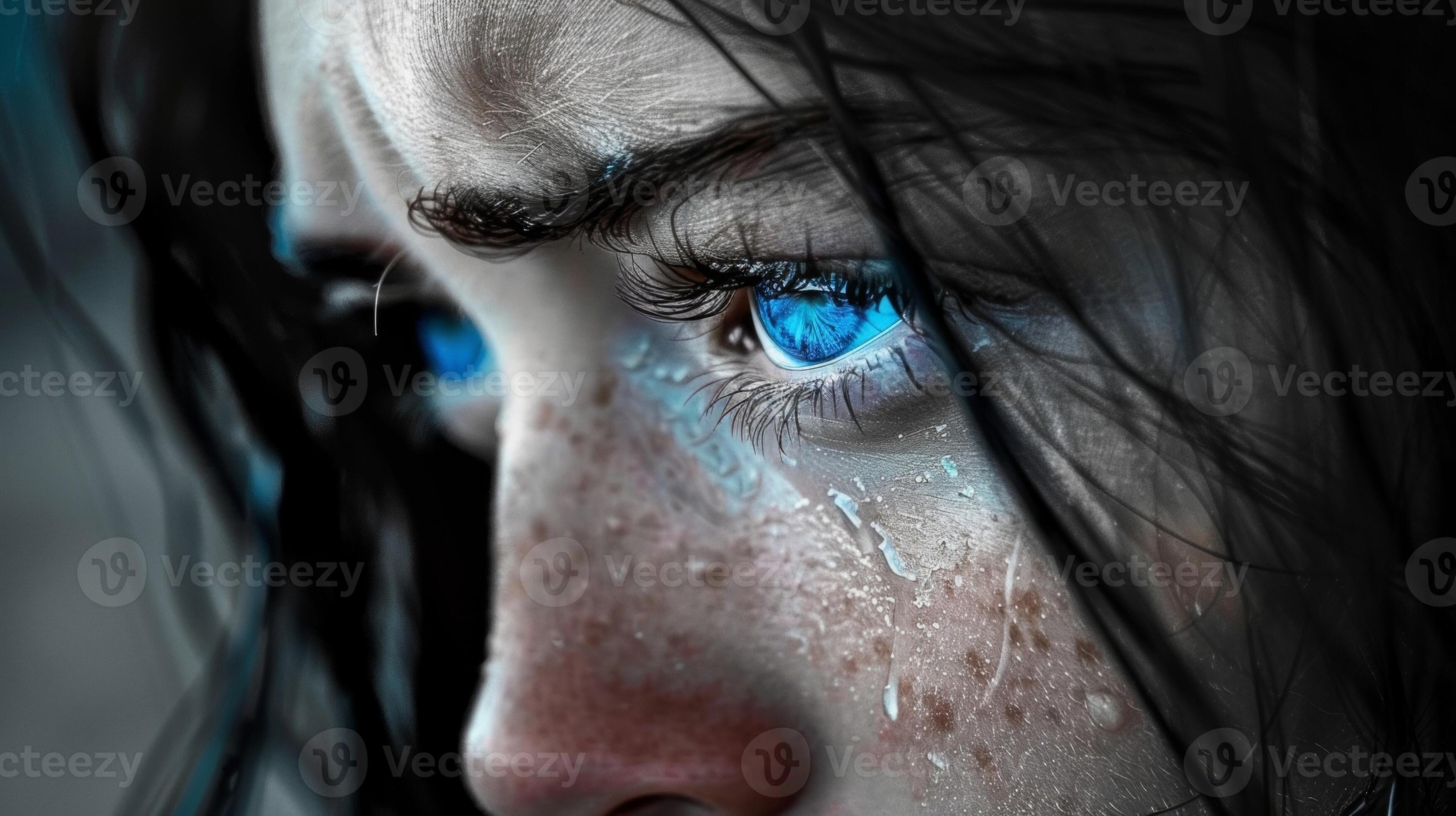 As she cried her deep blue eyes were filled with sorrow and despair the reflections mirroring ...