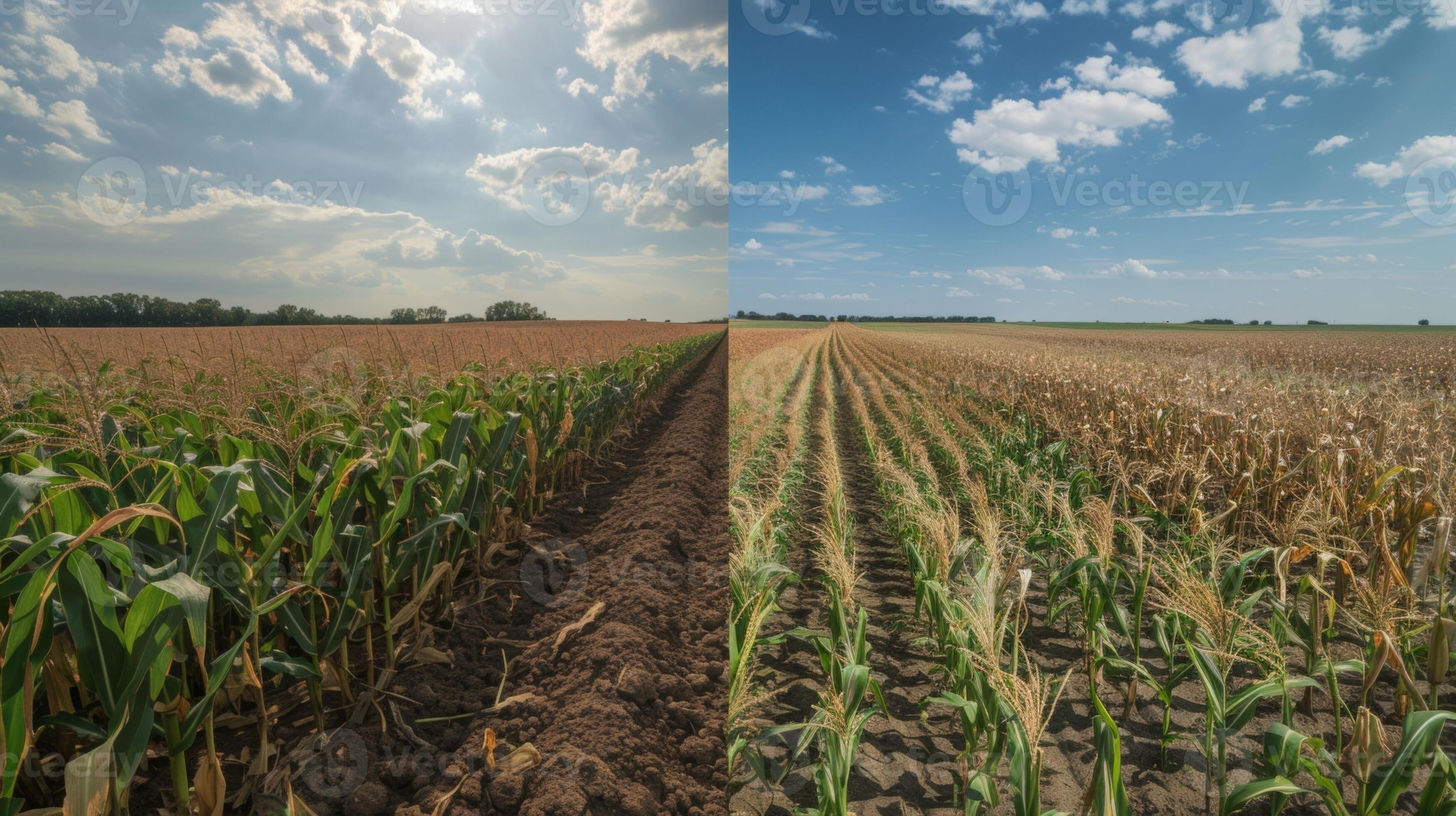 A beforeandafter image of a corn field. The first photo shows a healthy crop while the second ...