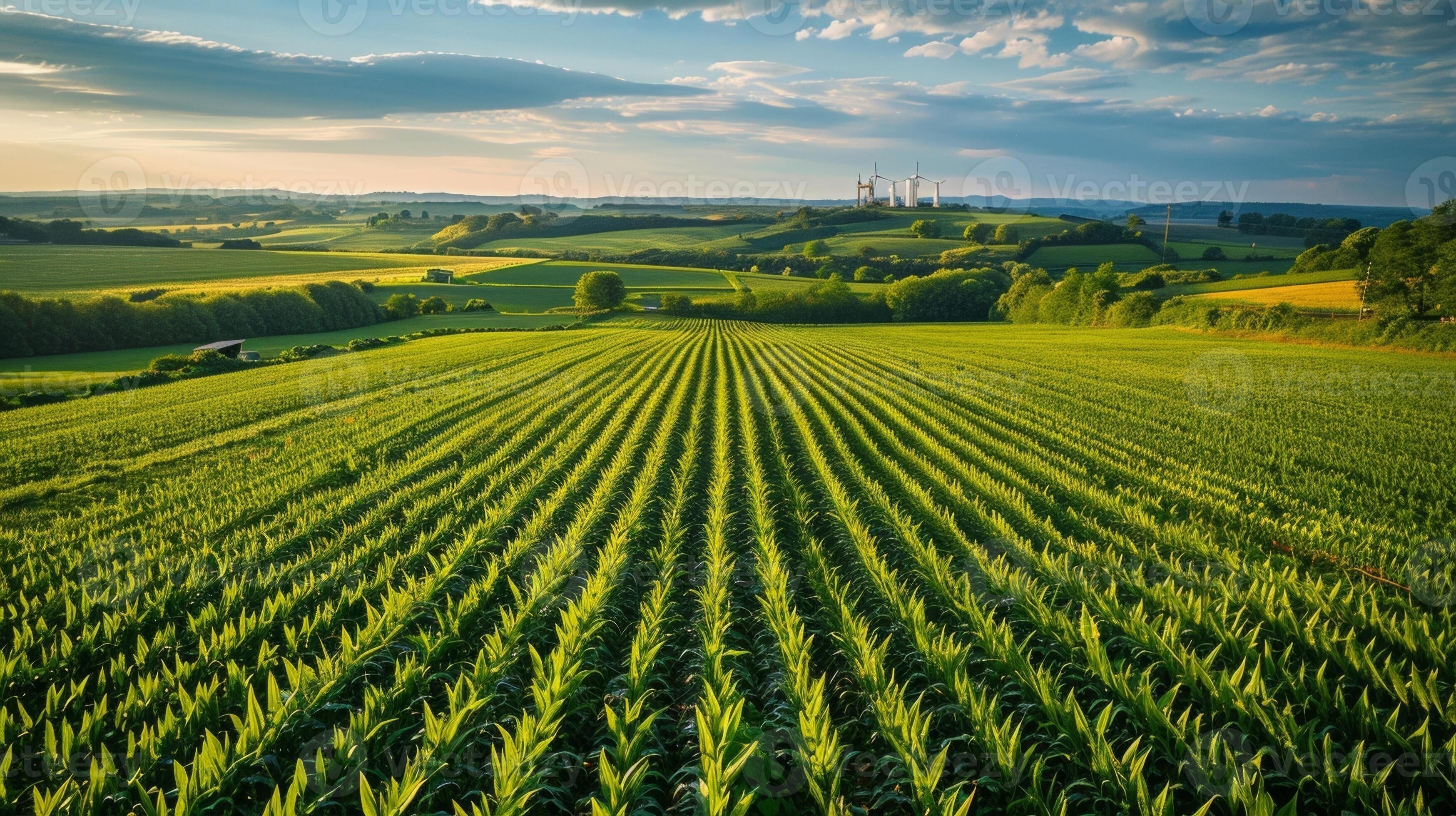 An aerial view of fields of tall green crops stretching across the ...