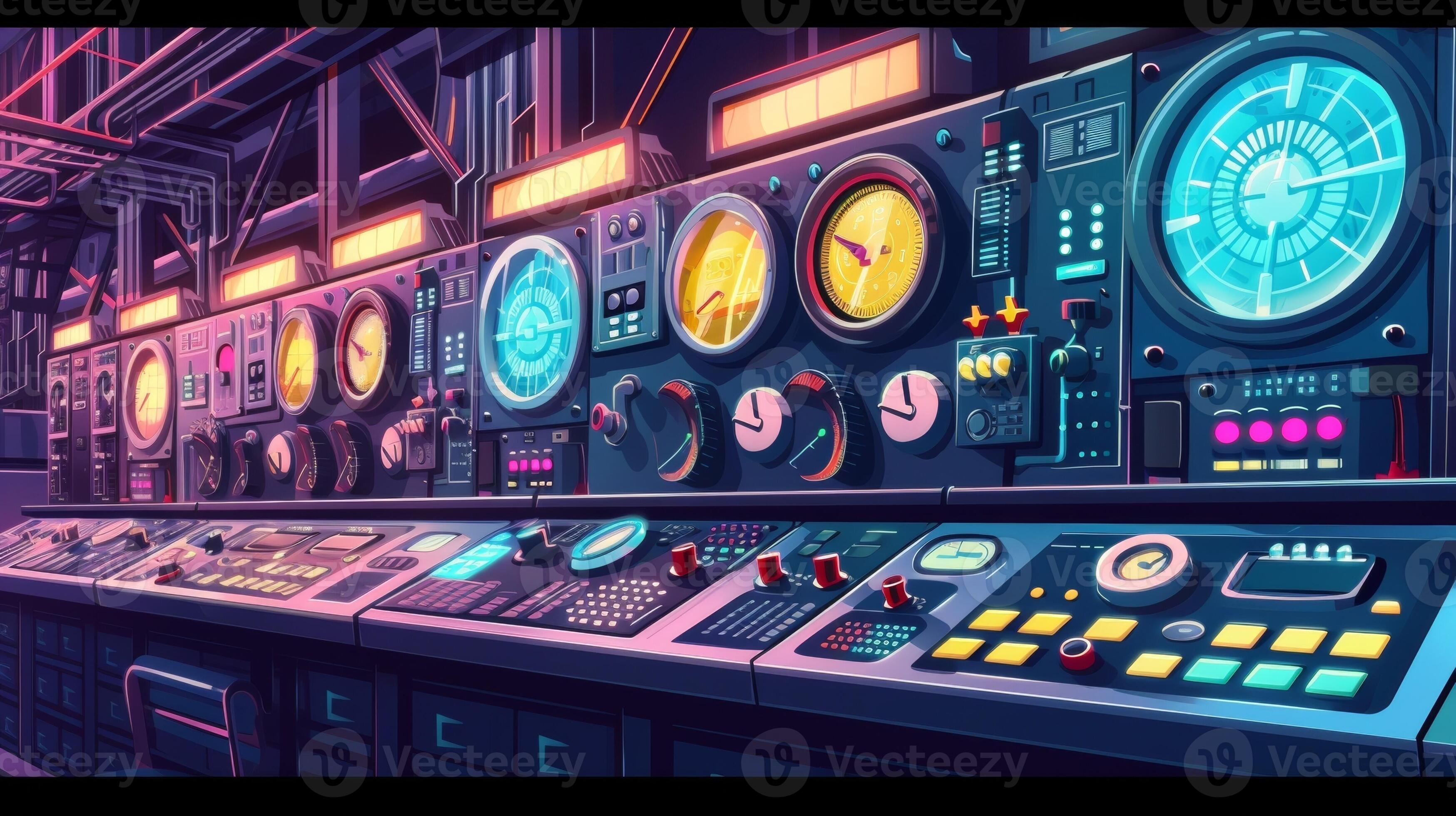 A focused shot of a large hightech control panel with an array of ons and dials representing the ...