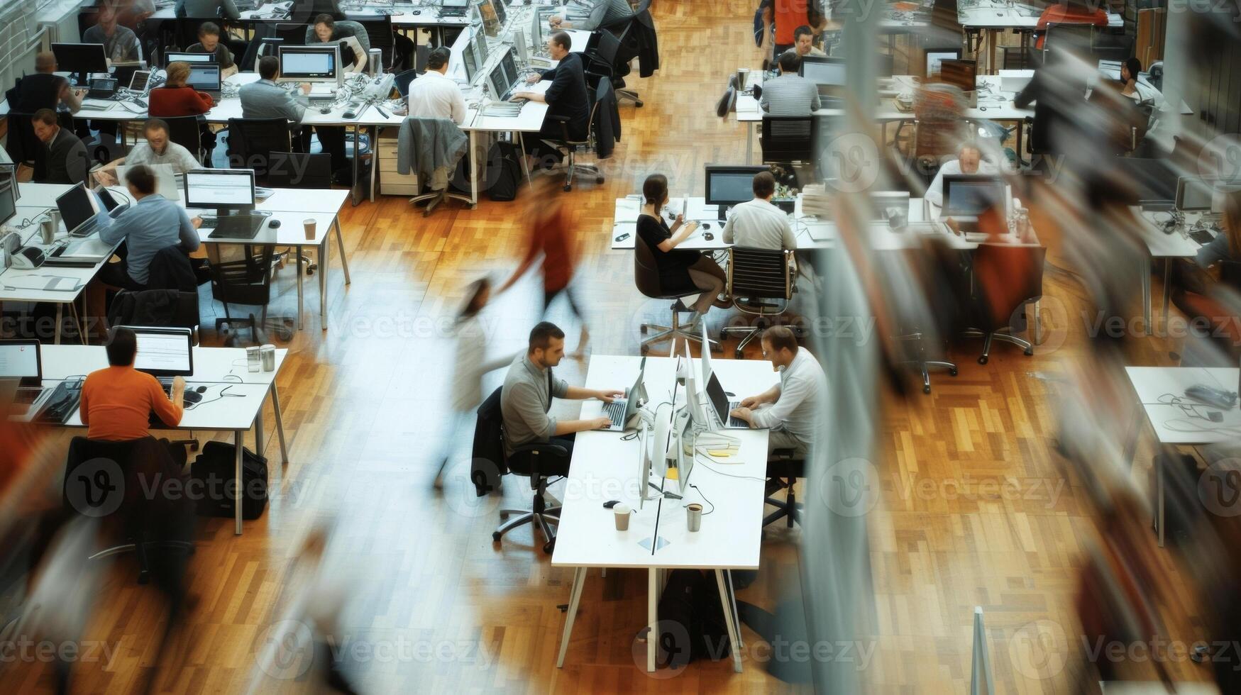 Background The hustle and bustle of a busy office floor with employees typing away on their ...