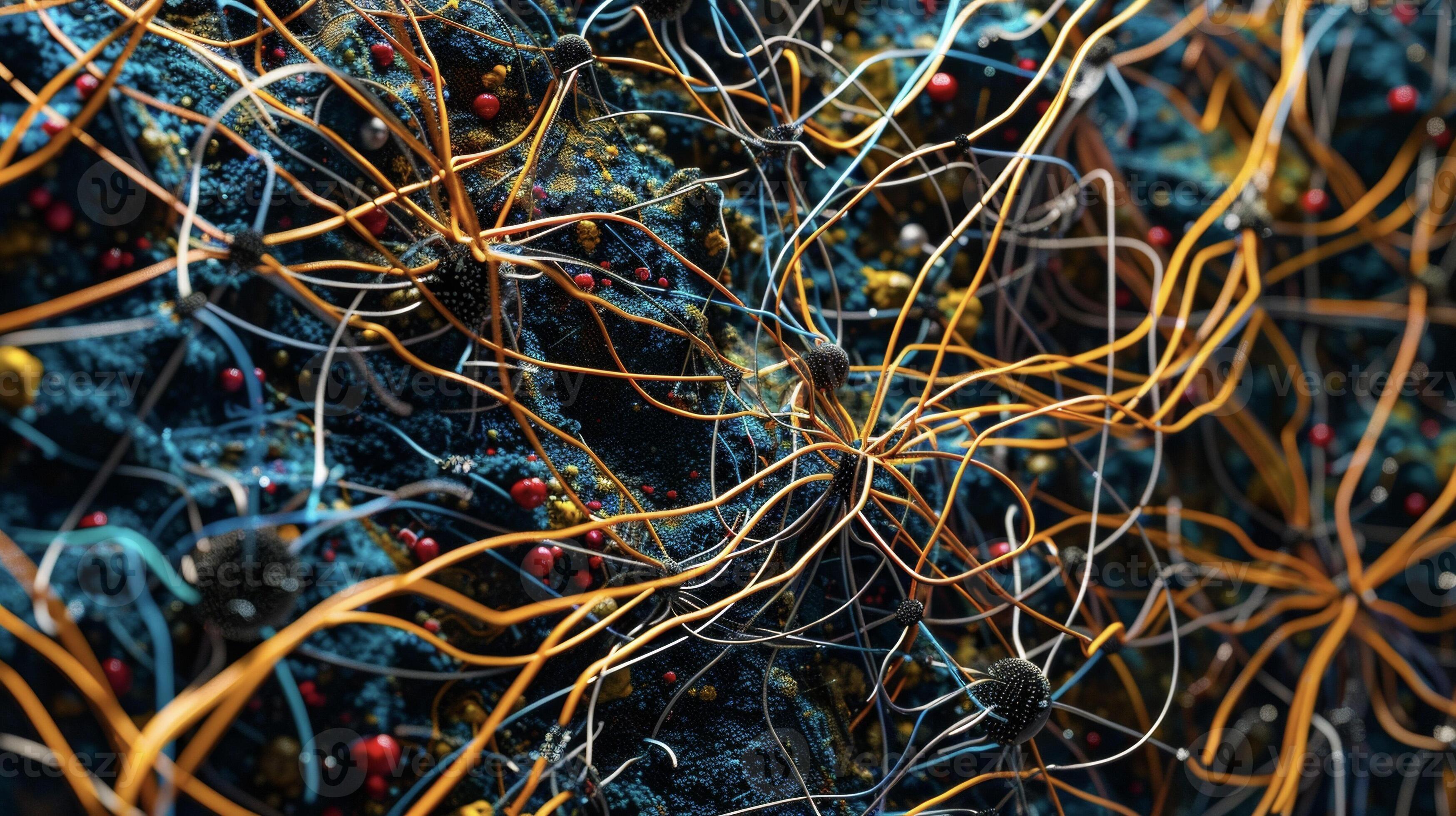An intricate network of digital wires and circuitry representing the ...
