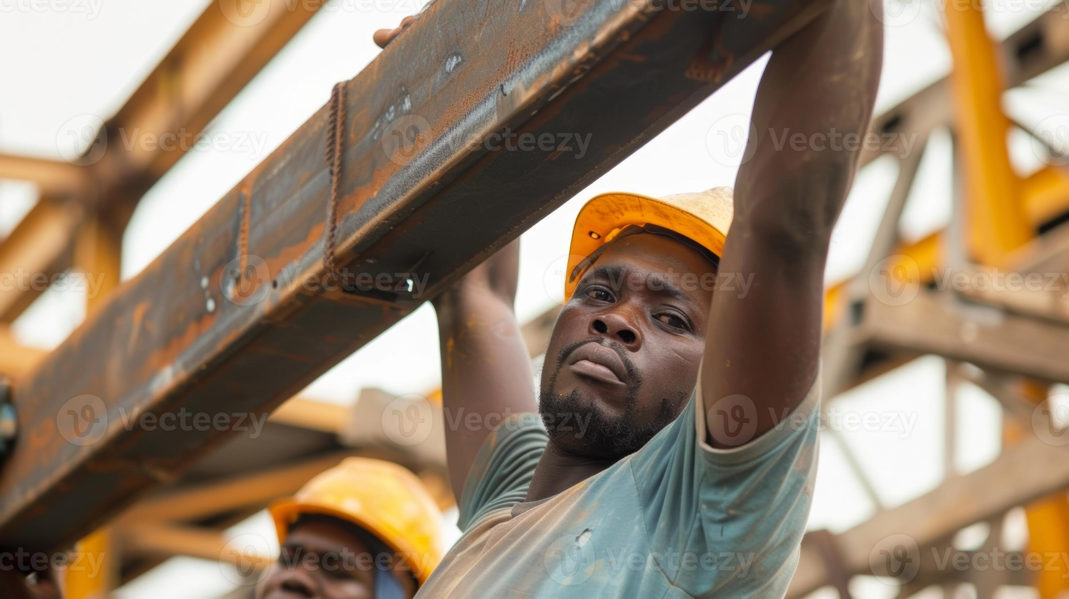 A group of migrants lift a heavy steel beam highlighting their physical strength and resilience ...