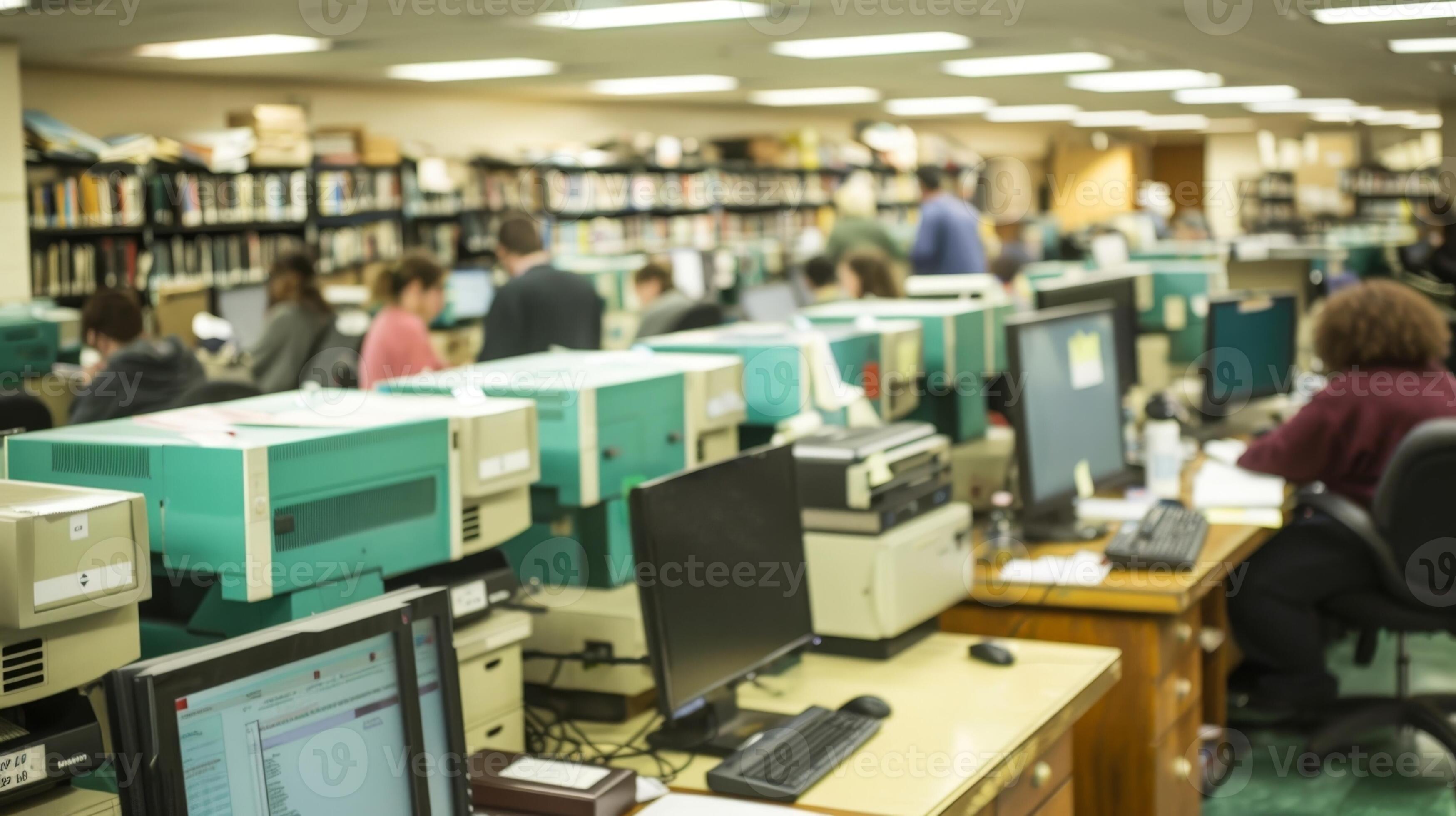 The digital archives room was a bustling hub of activity with researchers huddled over computers ...