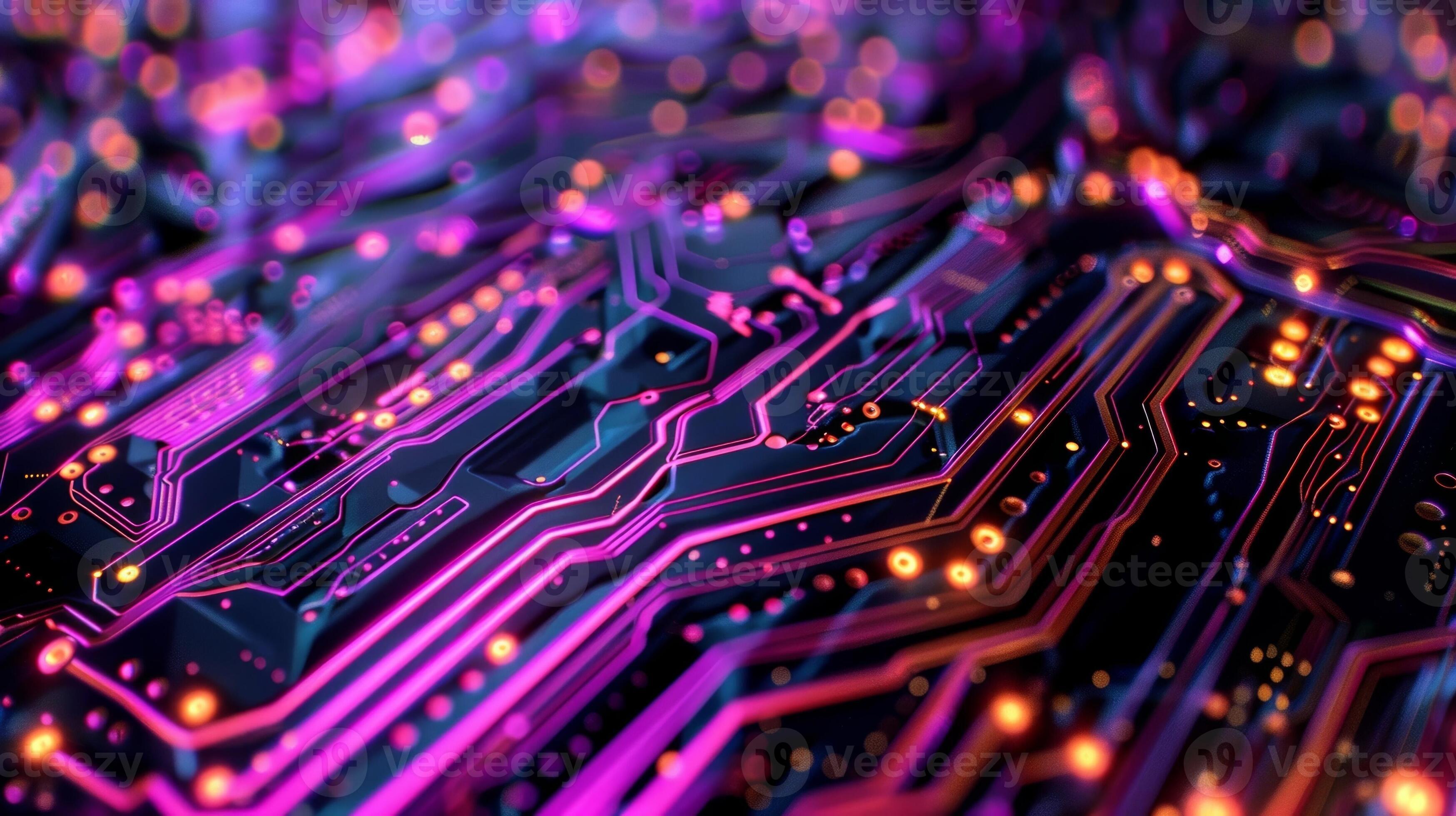 The intricate lines and patterns of a glowing circuit board resembling ...