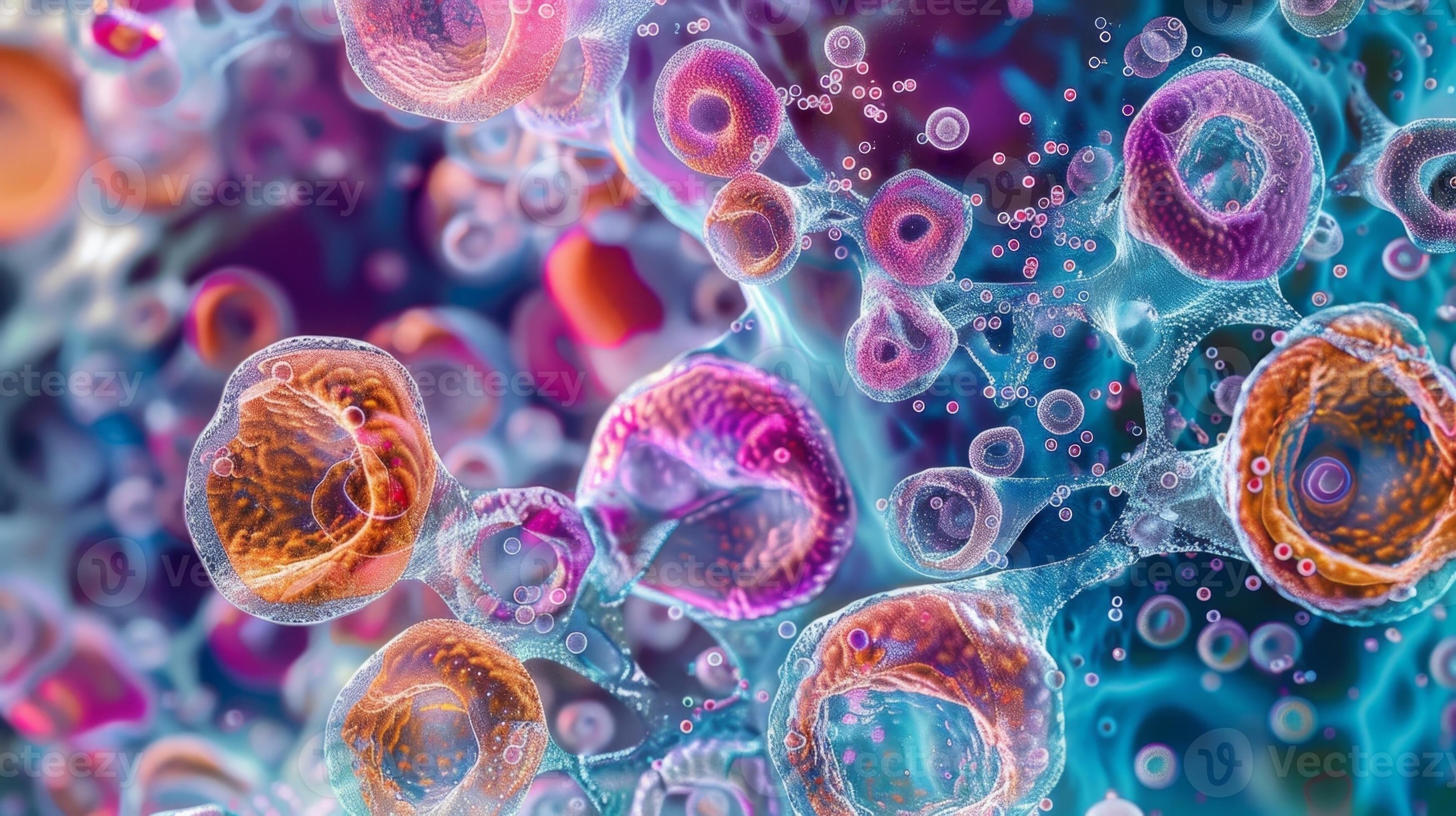 An image of thyroid cells with distinct borders and varying sizes indicating different stages of ...