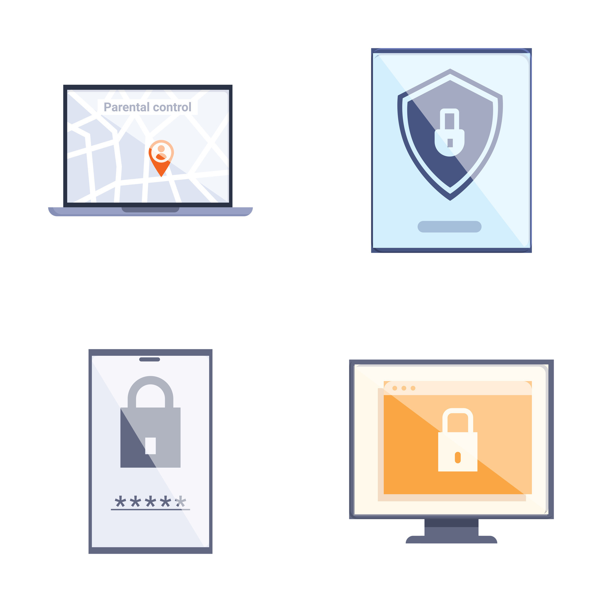Collection of icons representing digital security features on various ...