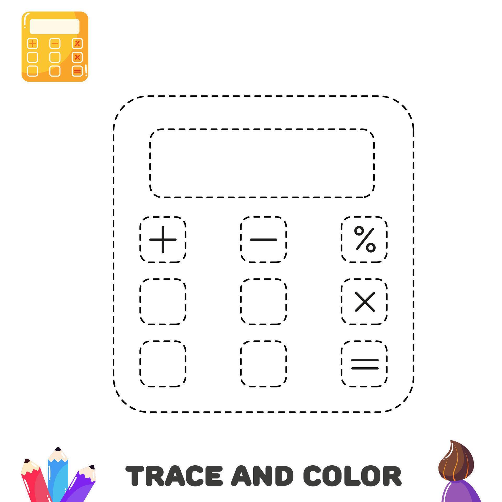 Tracing calculator. Trace and color educational worksheet for kids ...