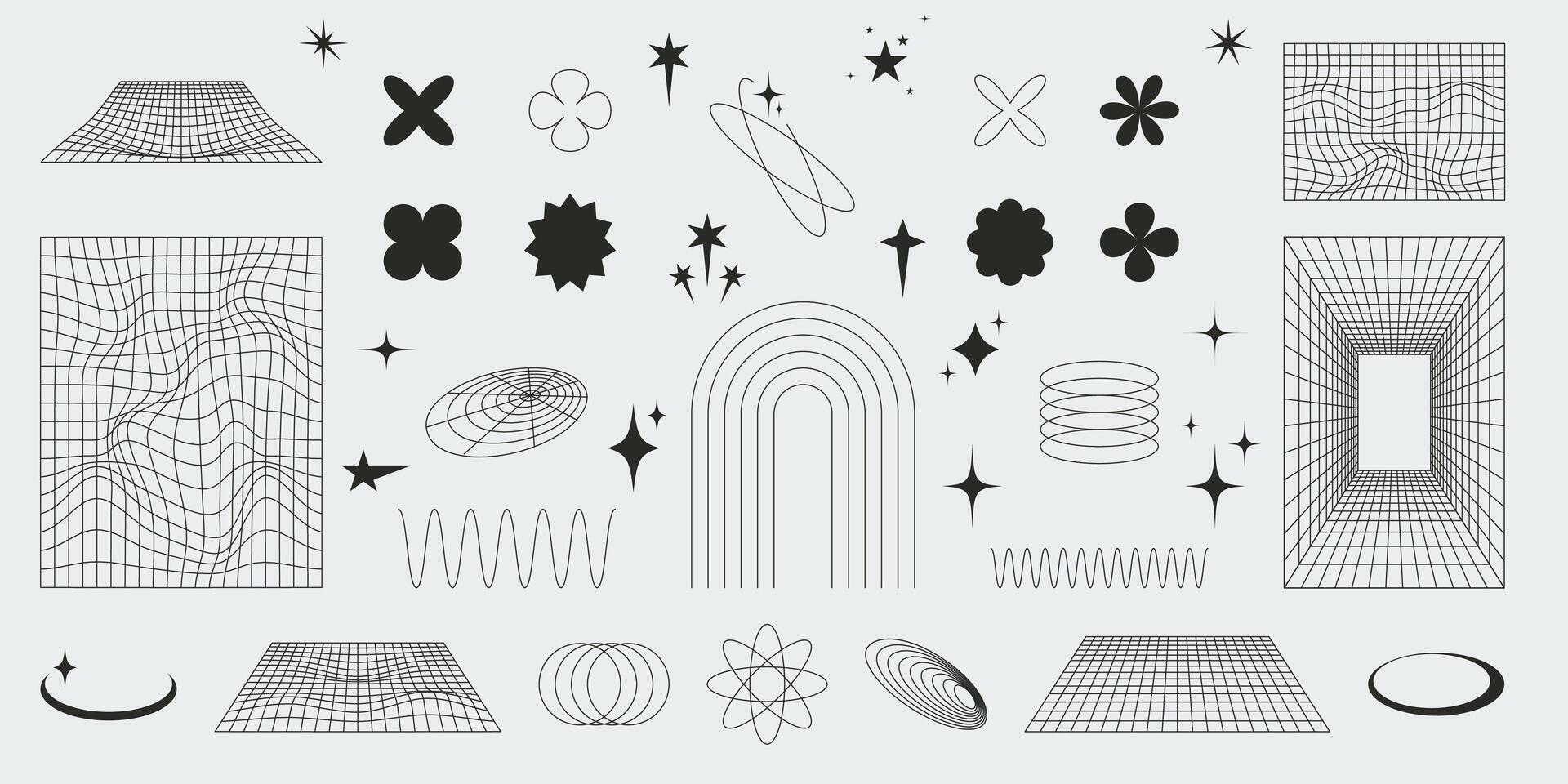 Brutalist abstract geometric shapes and wireframes. Bold figures and grids. Set of editable ...