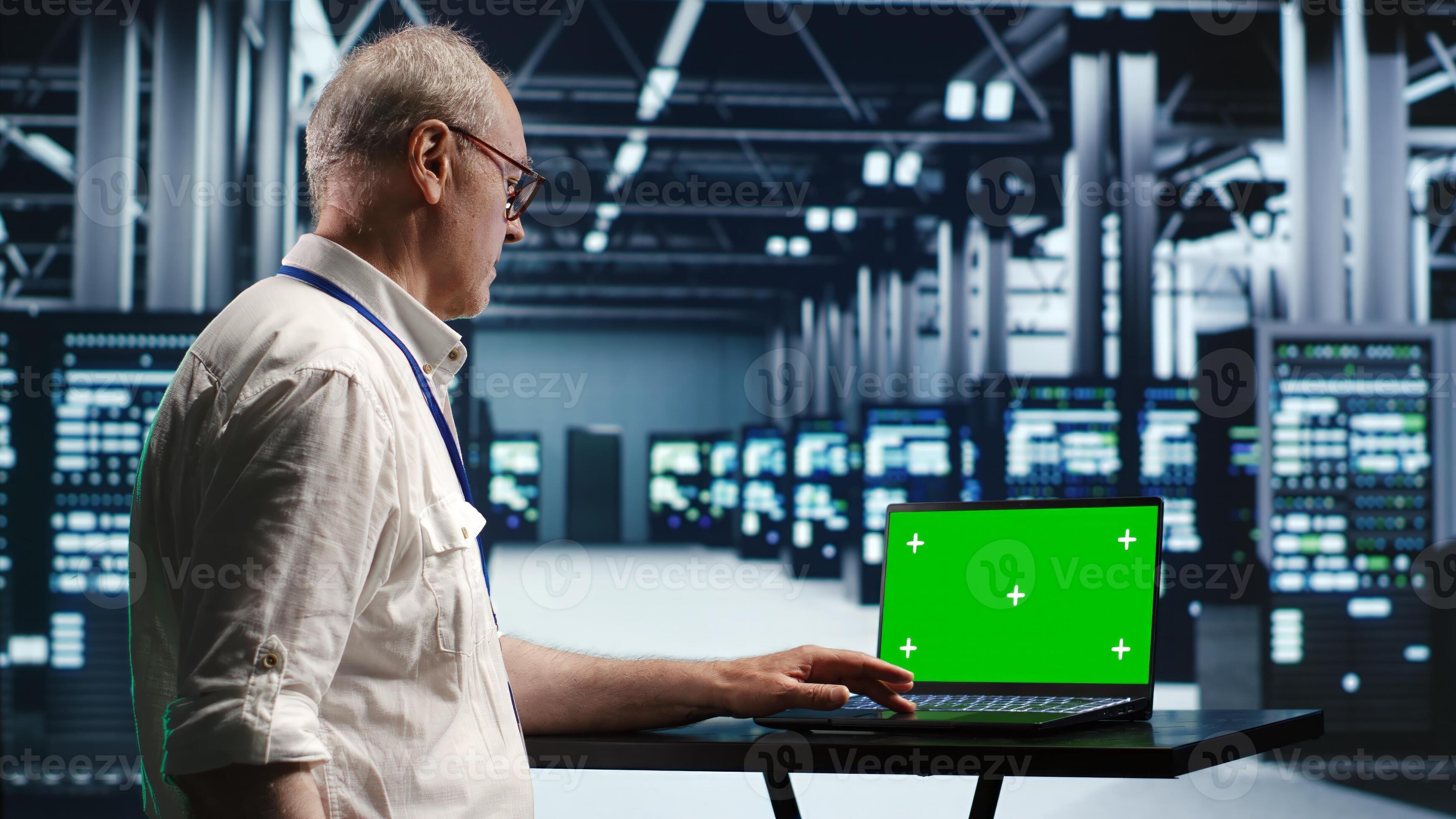 Developer in server room expertly managing data while navigating ... Developer in server room expertly managing data while navigating ...