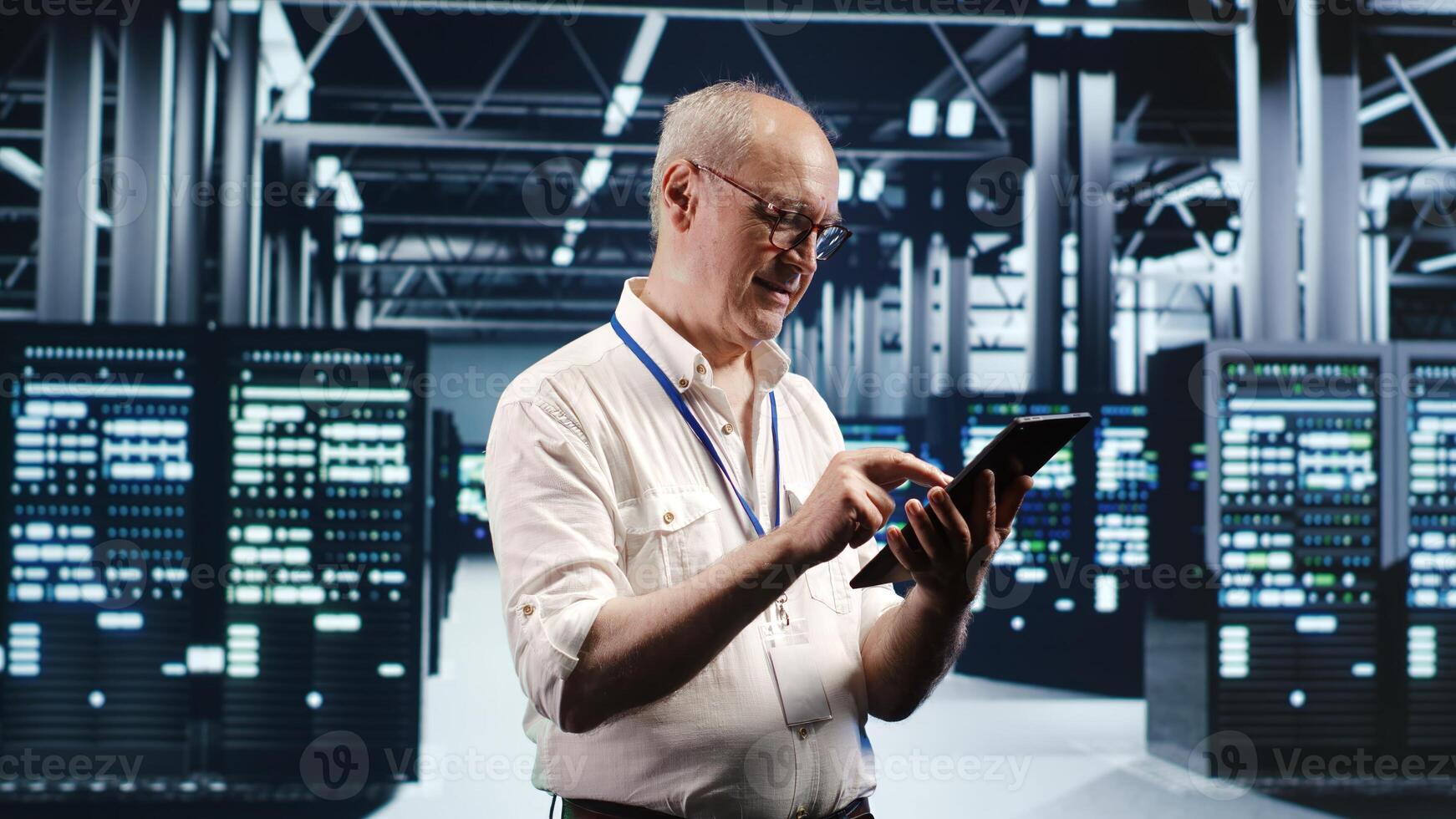Older Professional Navigating Network Of Server Rigs In Industrial