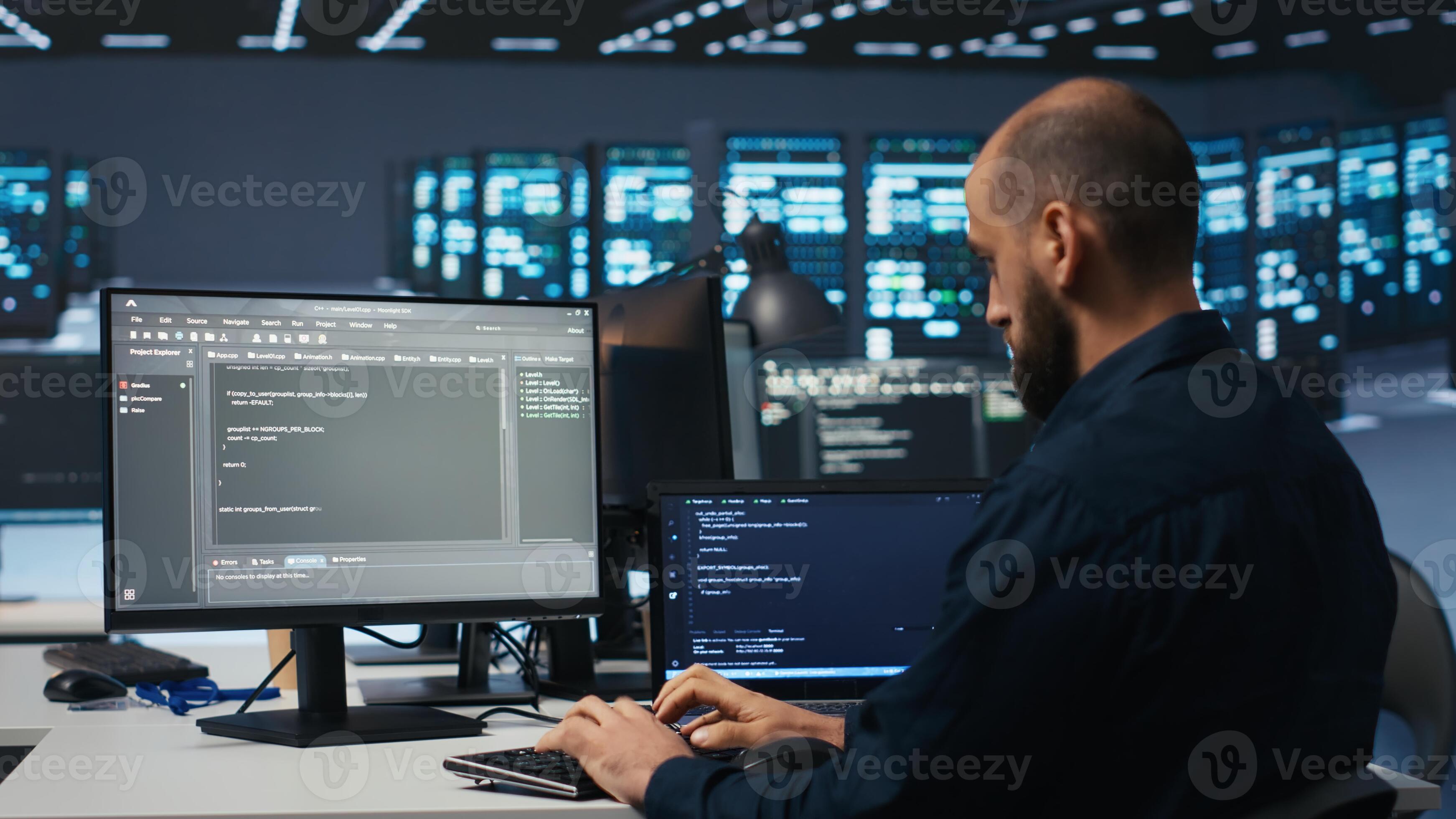 Developer Typing Code Working In Network Security Data Center Facility