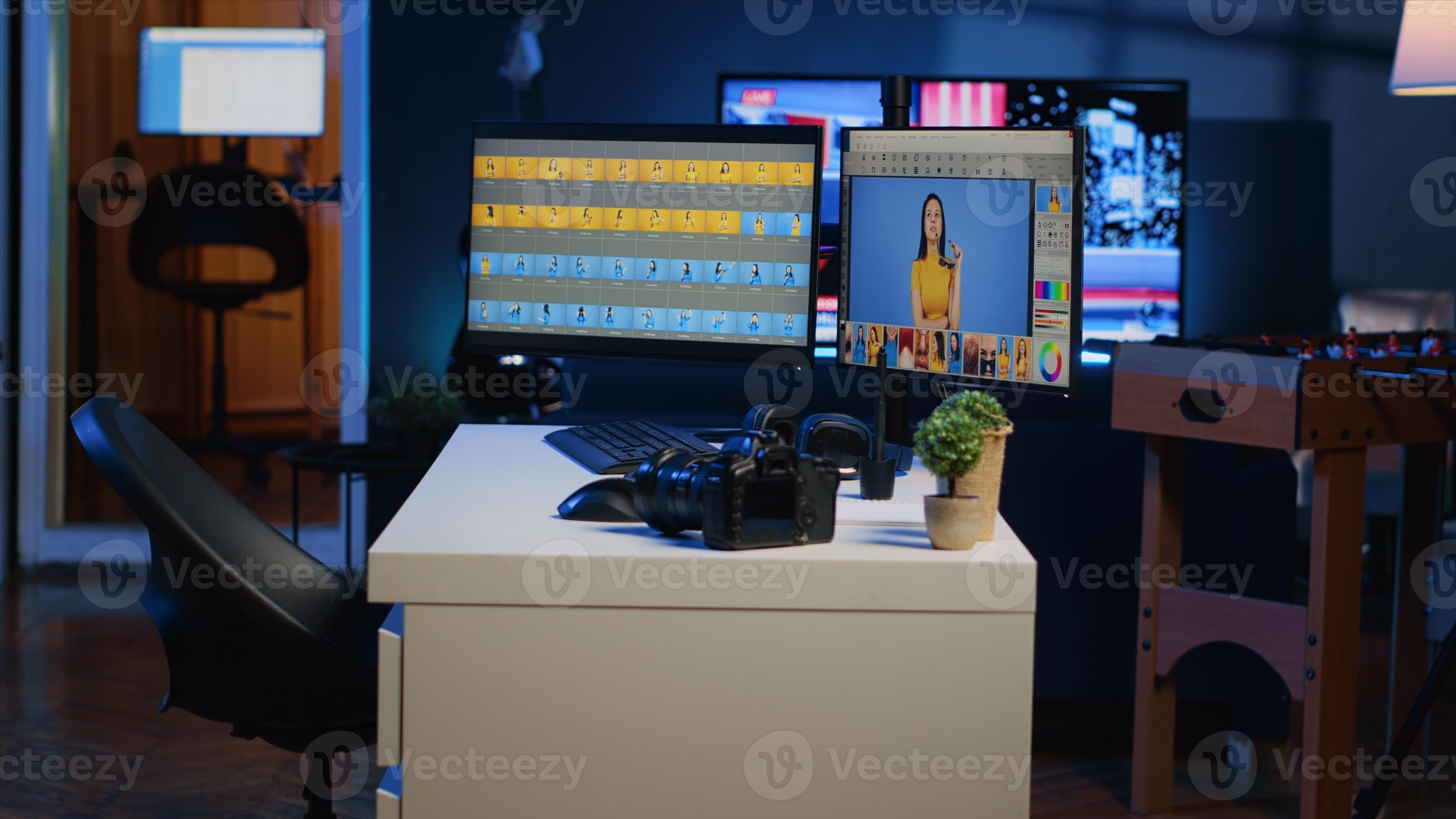 Dimly Lit Creative Office In Media Agency With Multi Monitor Computer Setup Used For Image