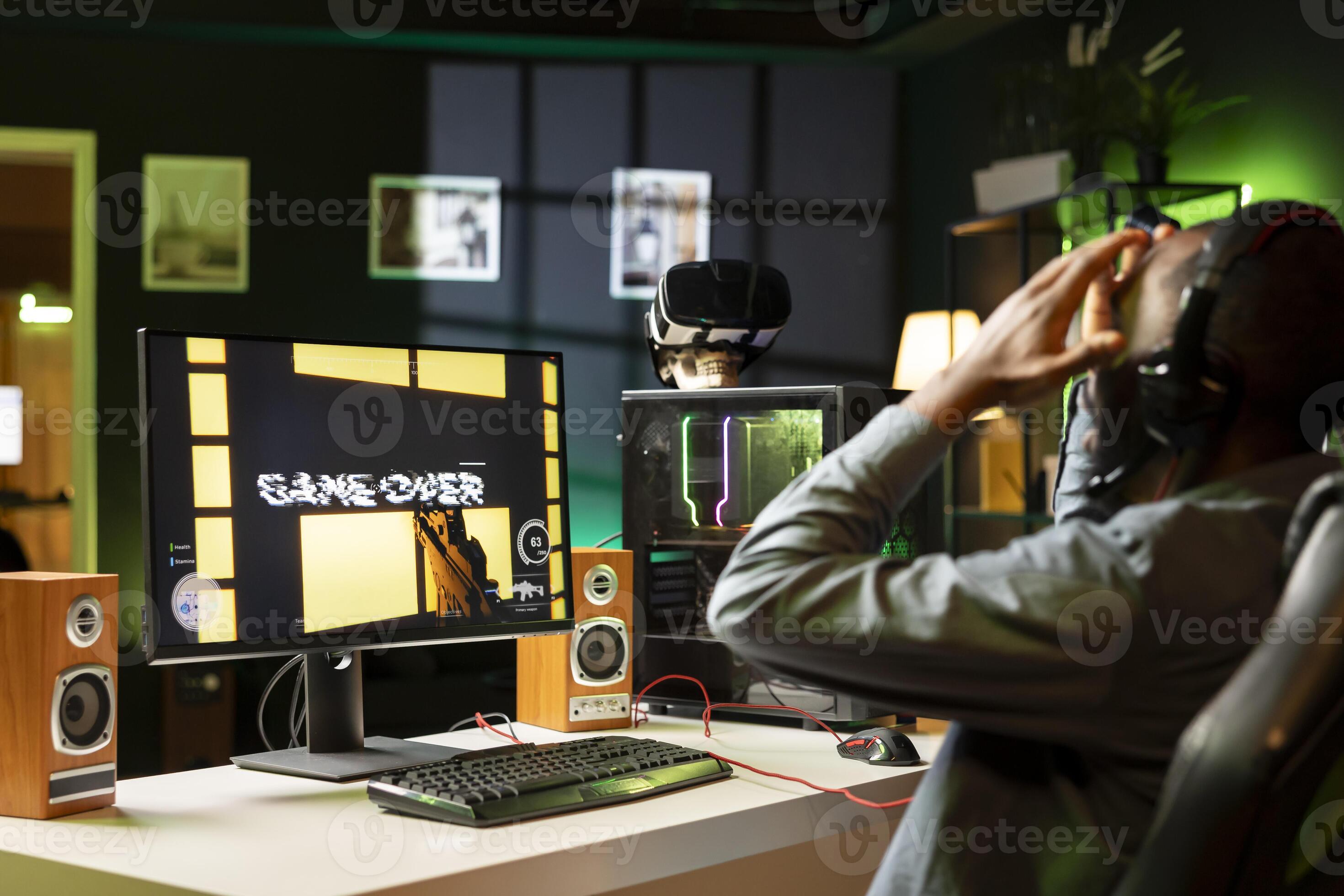 Man Upset After Losing While Playing Science Fiction Fps Videogame In