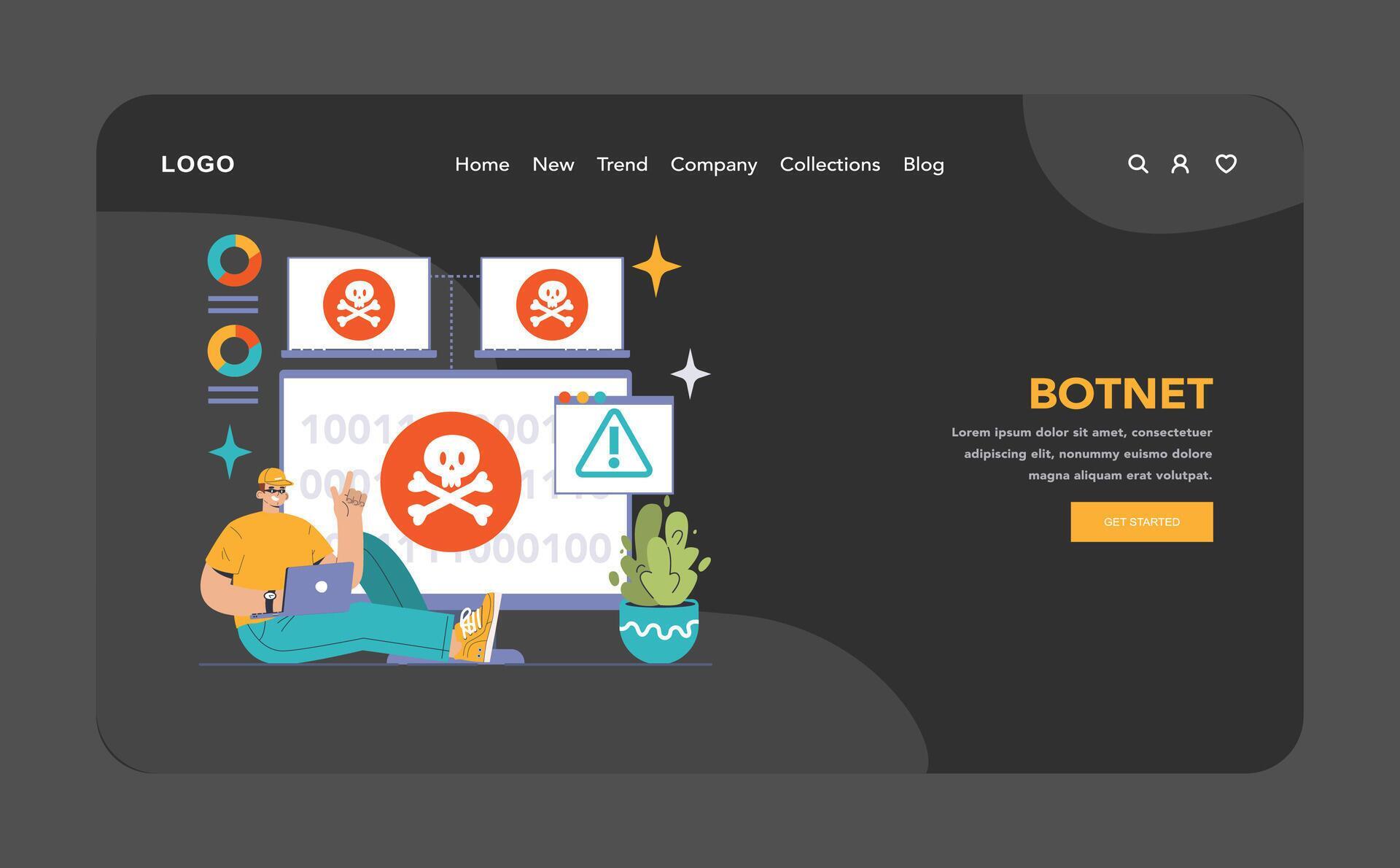 Botnet attack dark or night mode web, landing. Hacker orchestrating ...