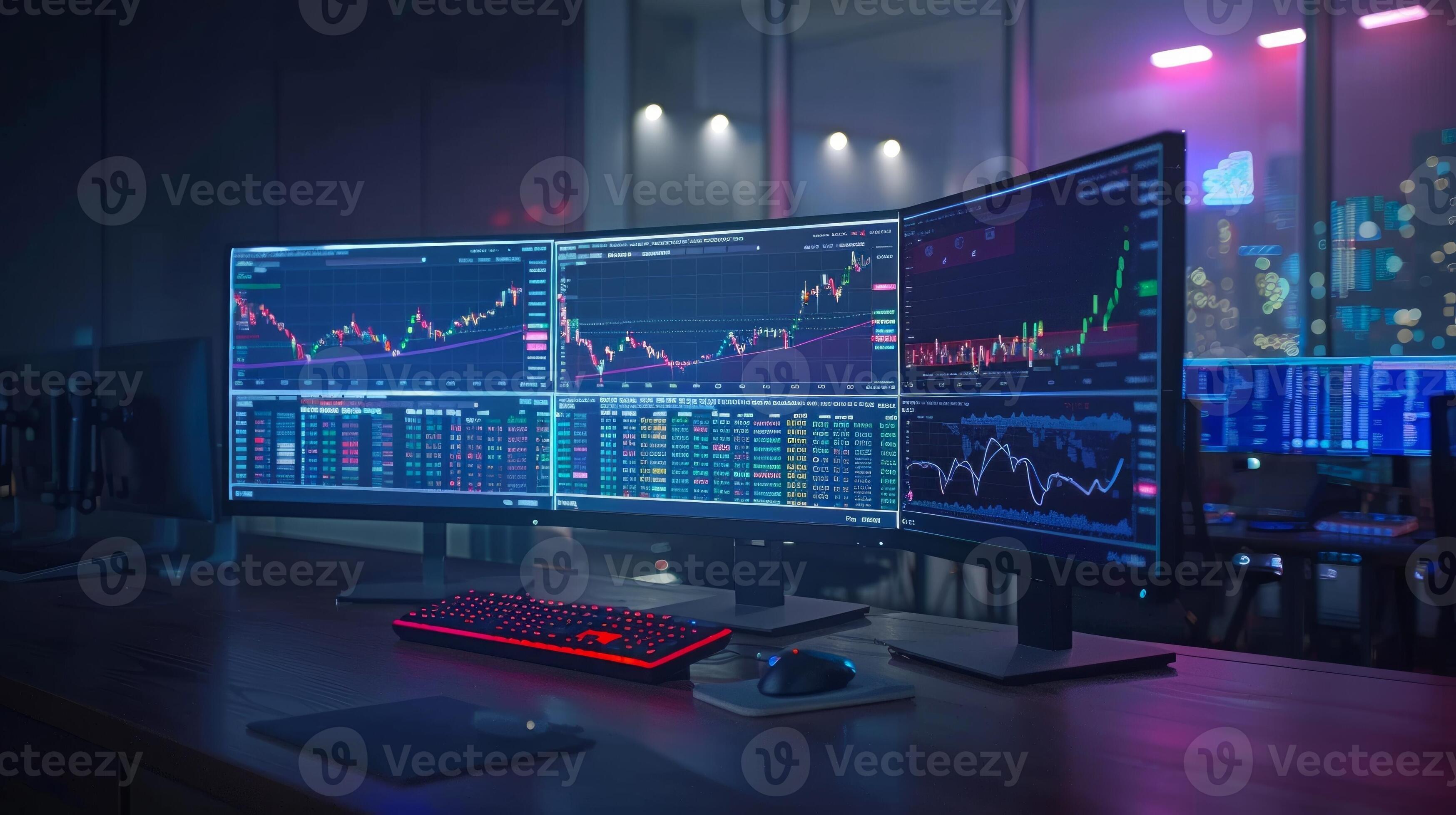 Trading graphs on computer monitors in a high-tech office. Multiple screen trading station with ...
