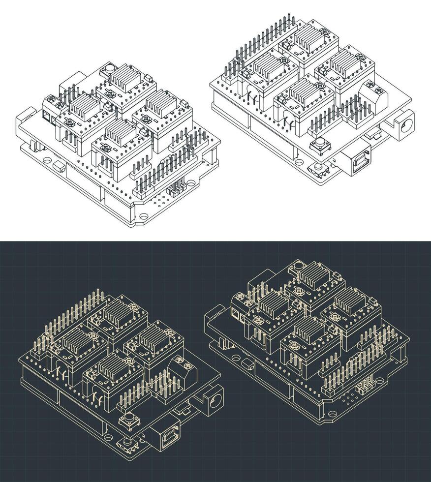 Arduino Uno and CNC shield isometric blueprints 46123181 Vector Art at Vecteezy