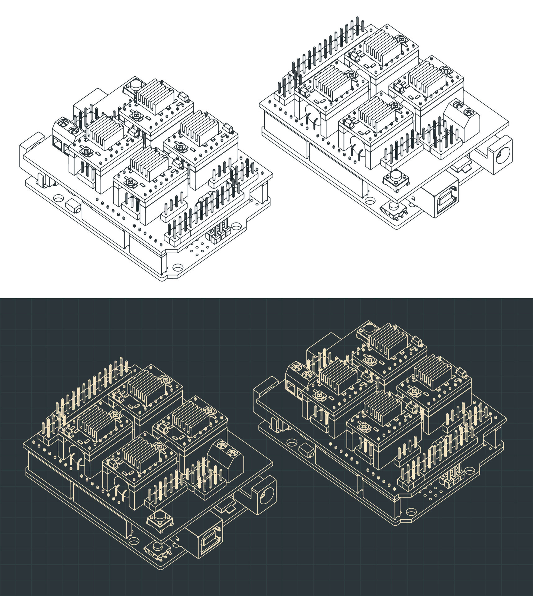 Arduino Uno and CNC shield isometric blueprints 46123181 Vector Art at ...