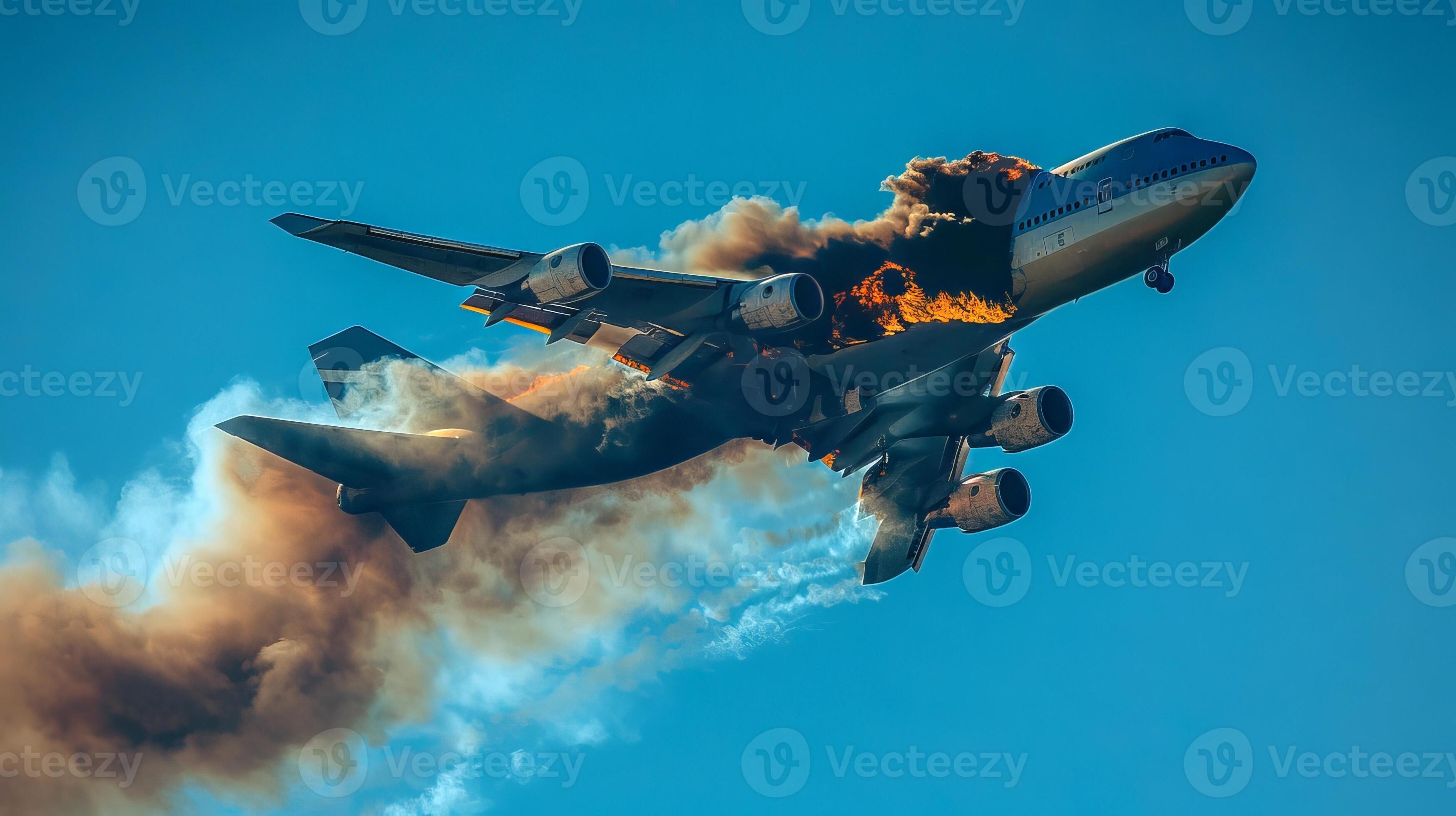Airplane With Engine On Fire During Flight Aircraft Experiencing Inflight Engine Fire Burning