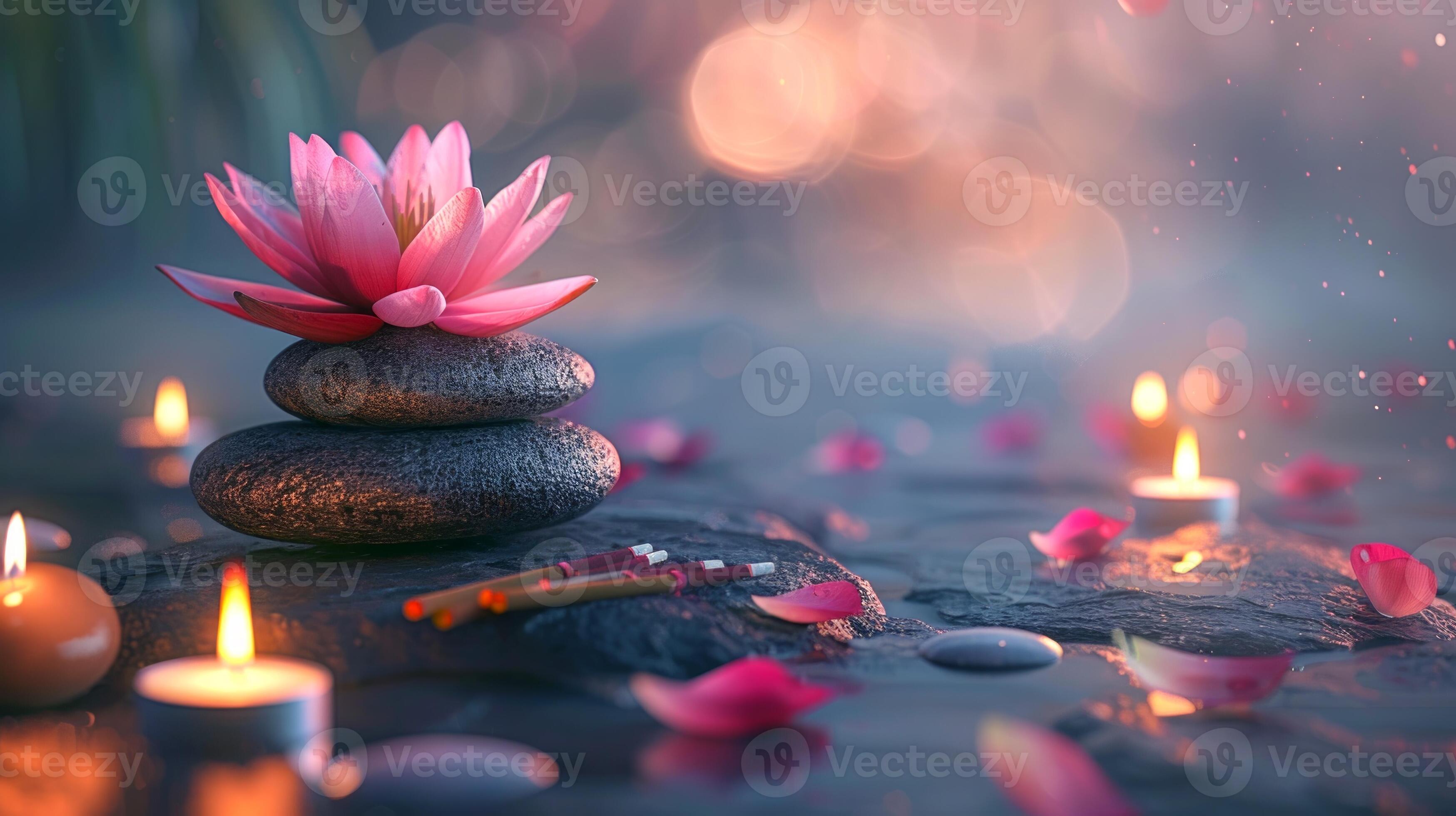 Serene setup of zen stones, lotus flower, and candles, creating a peaceful meditation space ...