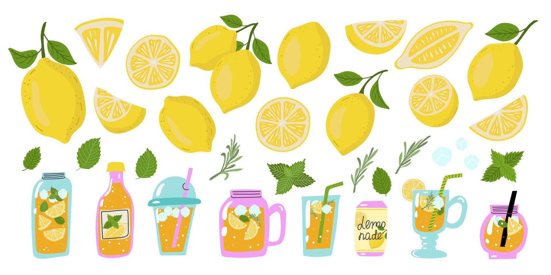 Summer big set with lemons,lemonade, mint, rosemary and ice cube ...