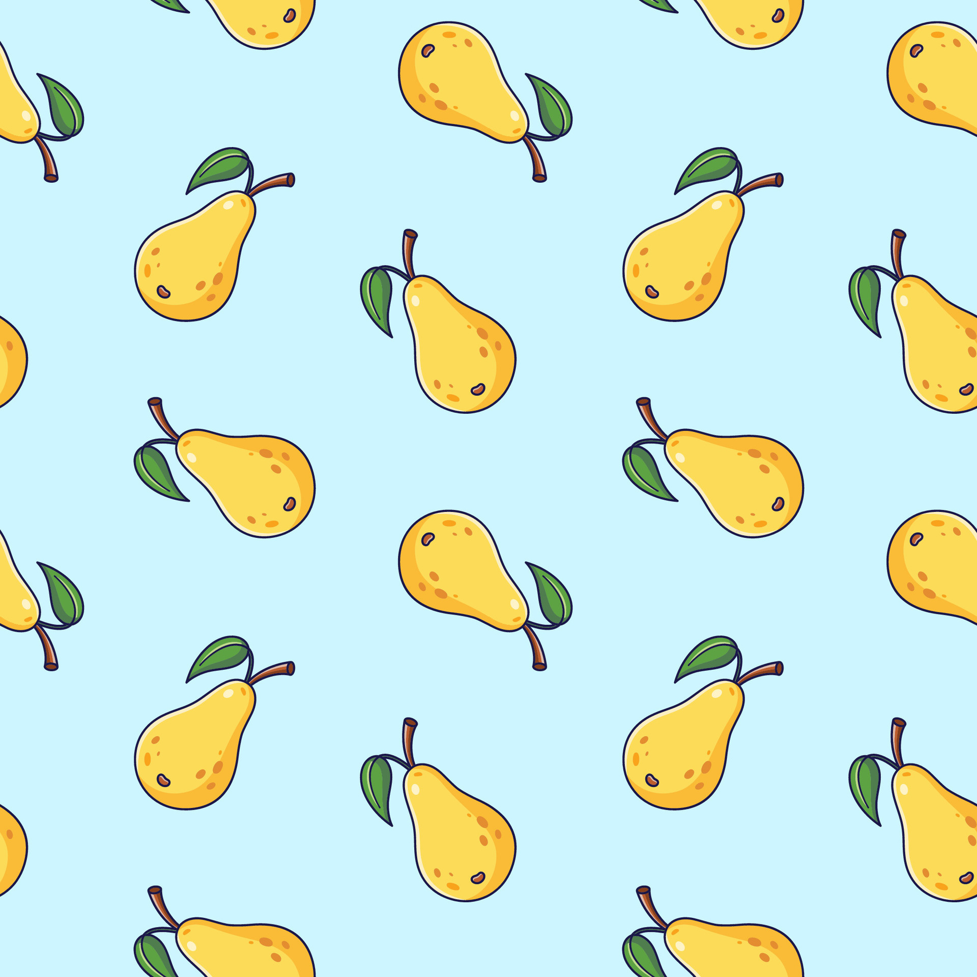Cute yellow Pear seamless pattern in doodle style. Hand drawn cartoon Pear illustration. Hand ...
