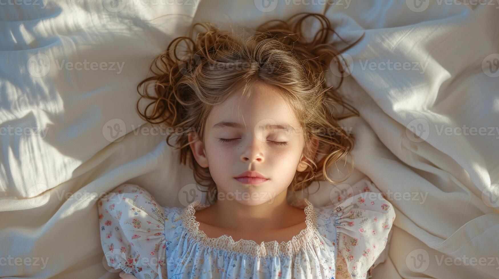 Portrait of a cute little girl sleeping on the bed in the morning ...