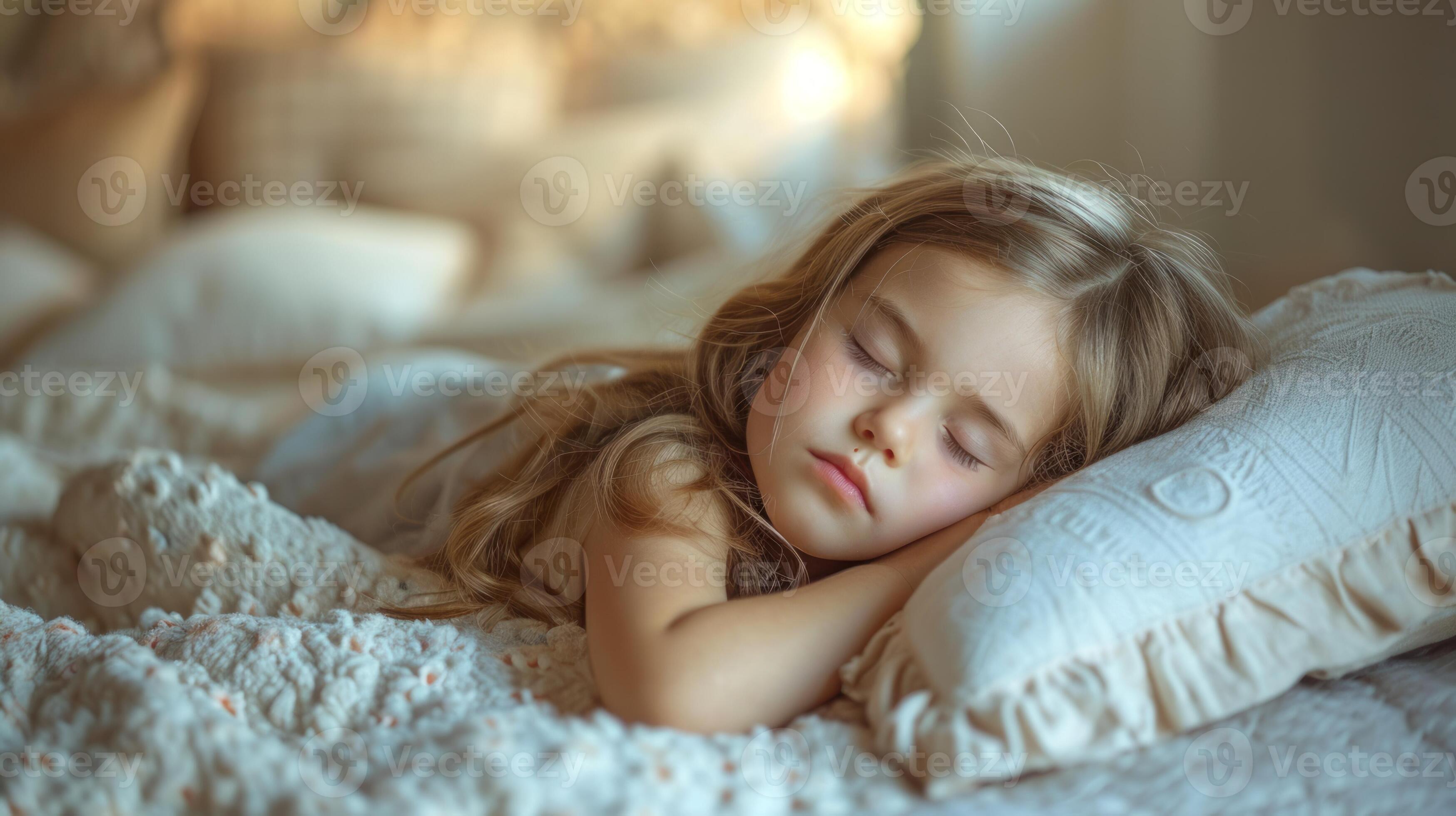 Adorable little girl sleeping in bed at home. Cute child with long ...