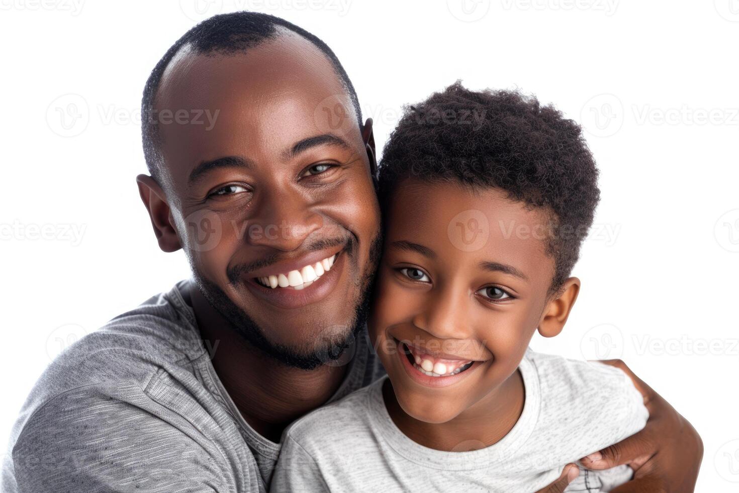 Happy African American Father And Son Embrace On White Background