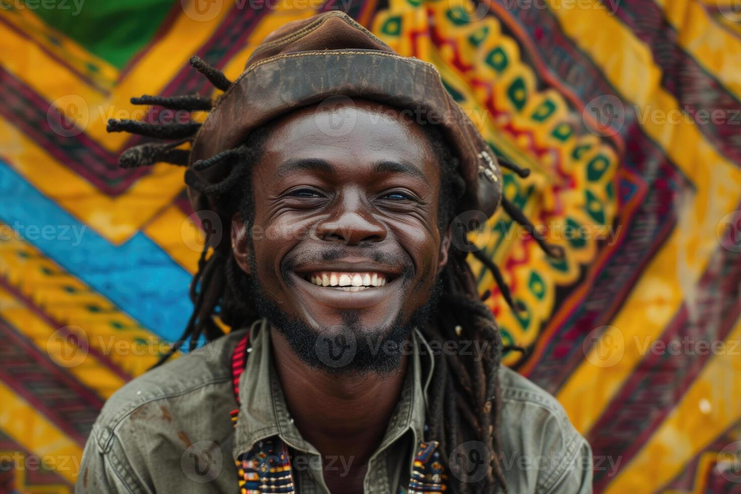 Happy Rasta Man With Dread Locks And Leather Hat In Front Of A Traditional African Blanket