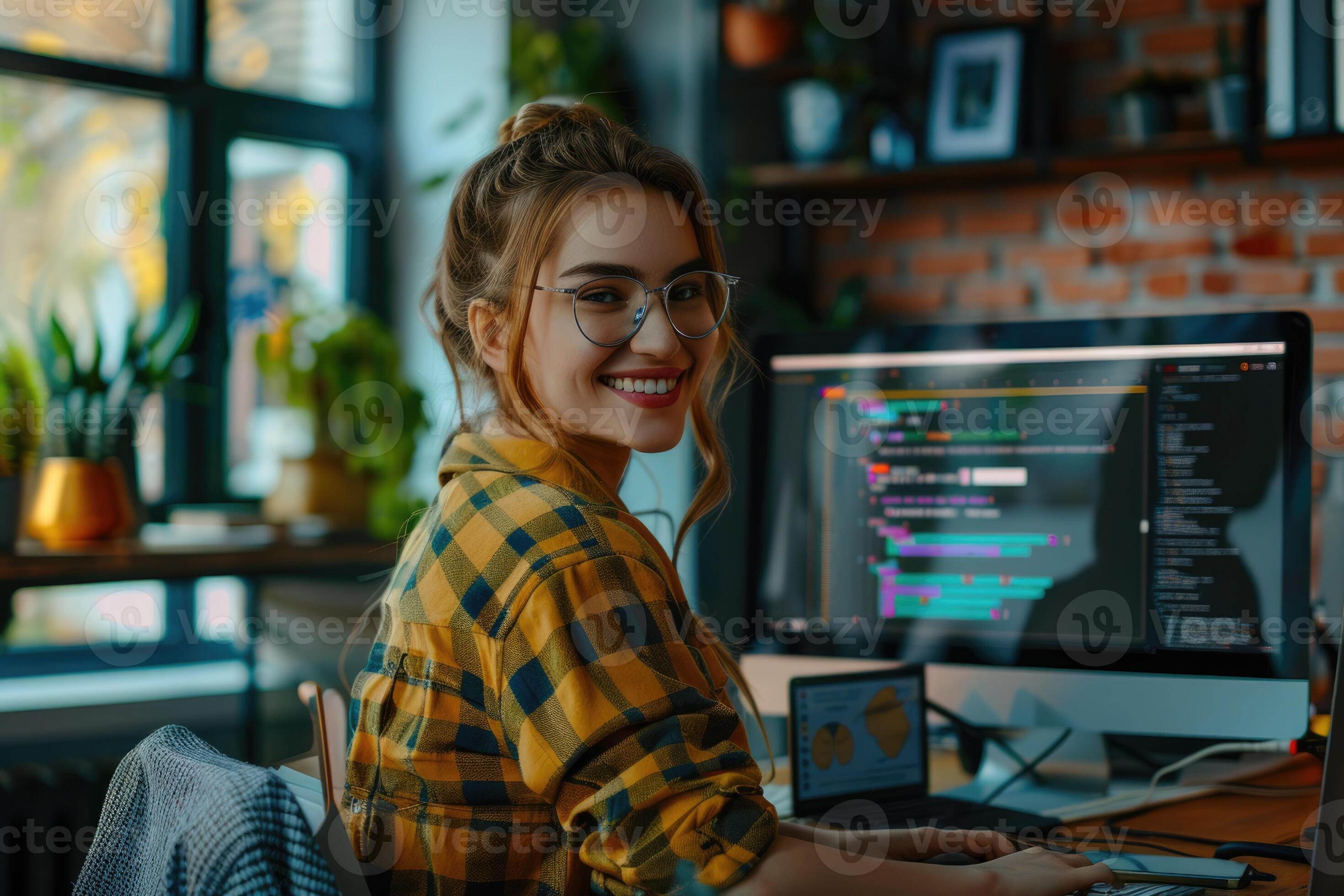 Happy Female Programmer Debugging App On Modern Workstation 46180185