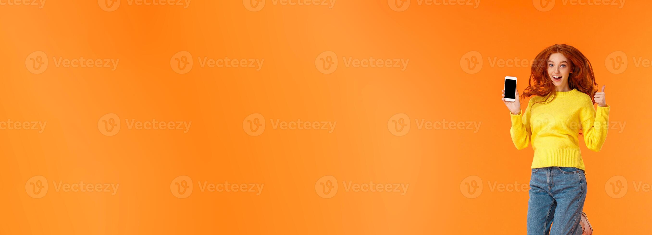 Advertising Technology And Holidays Concept Vertical Full Length Shot Cheerful Gorgeous Ginger
