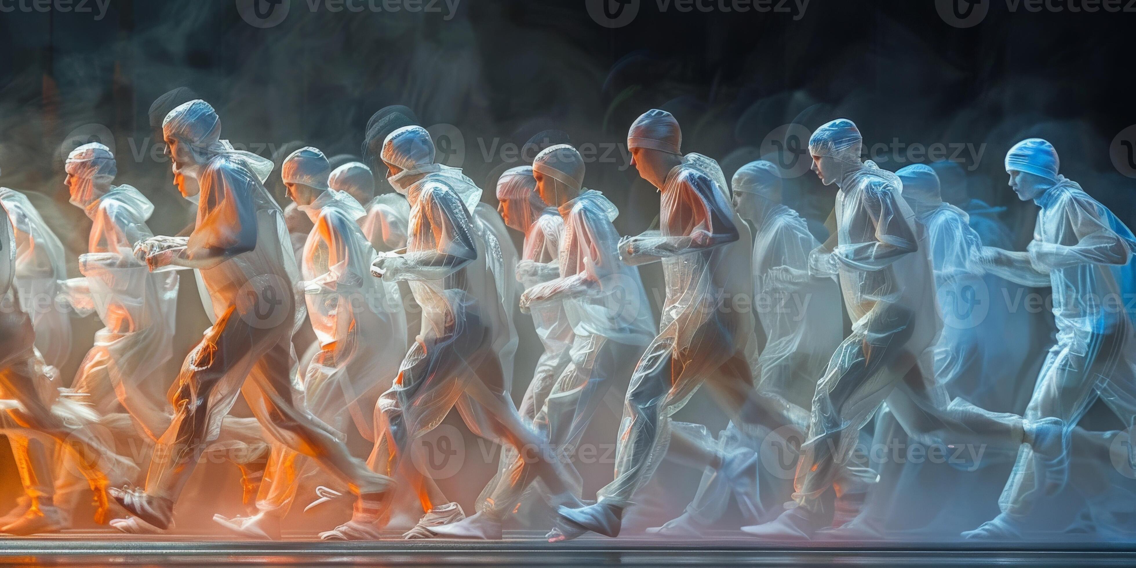 A group of people is running in a straight line with smoke trailing ...