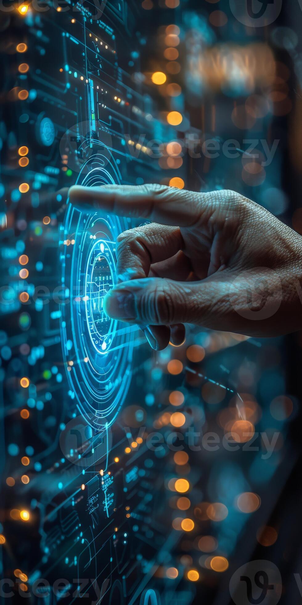 A persons hand points at a futuristic screen with a digital interface ...