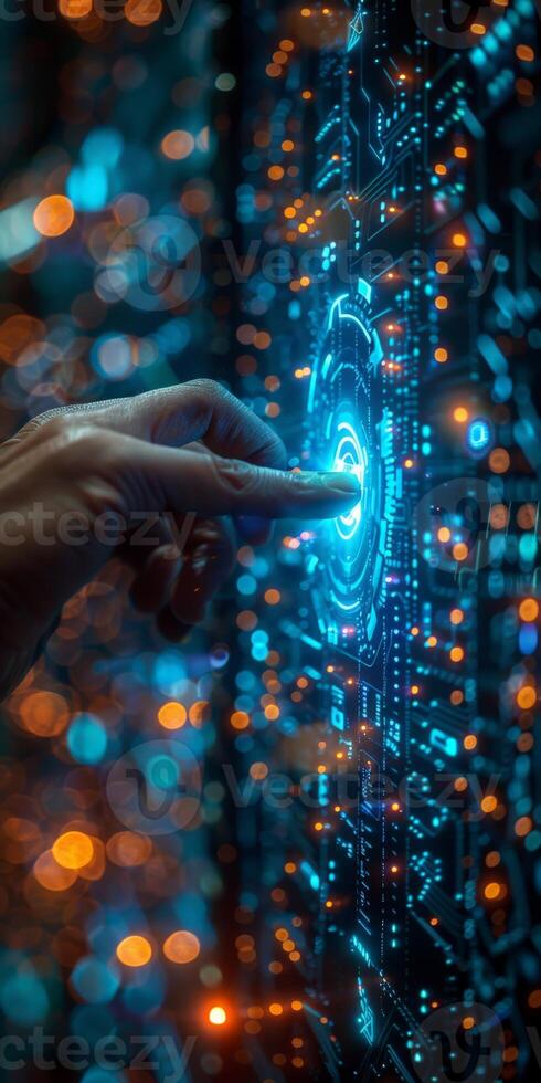 Finger Touching Futuristic Holographic Interface with Glowing Blue and Orange Visuals 46248518 ...