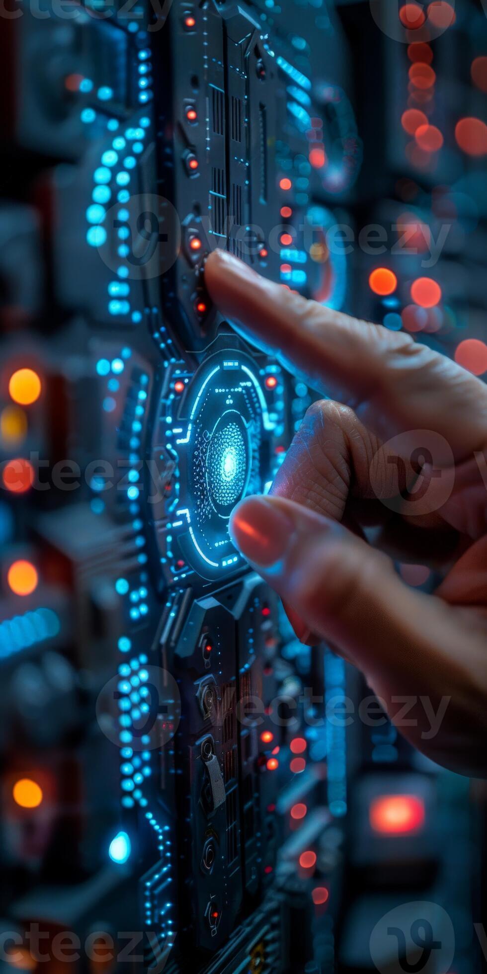 A person pressing button on futuristic device with finger 46248520 ...