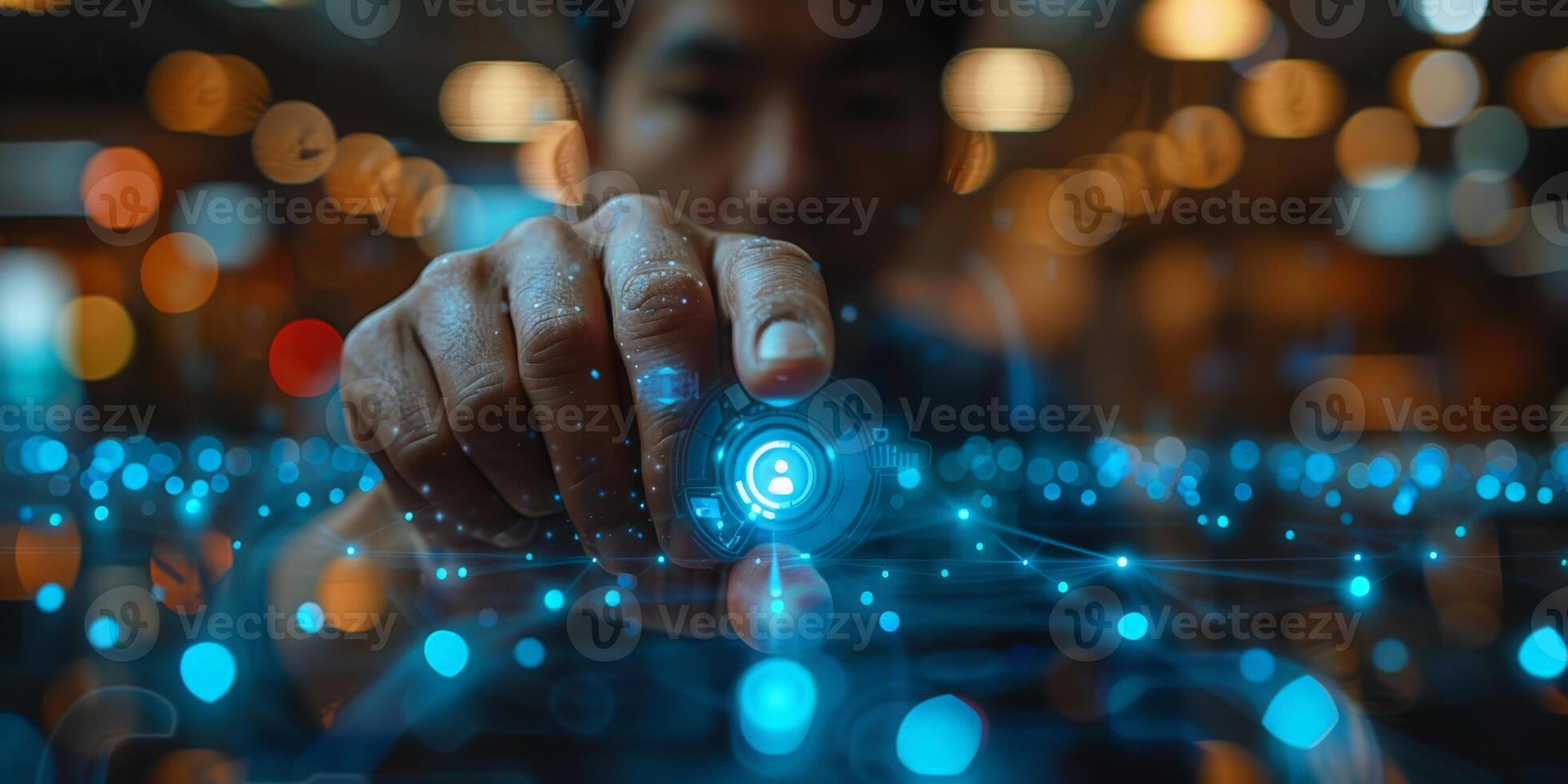 Futuristic Technology Interface Touchscreen with data visualization and network connections ...