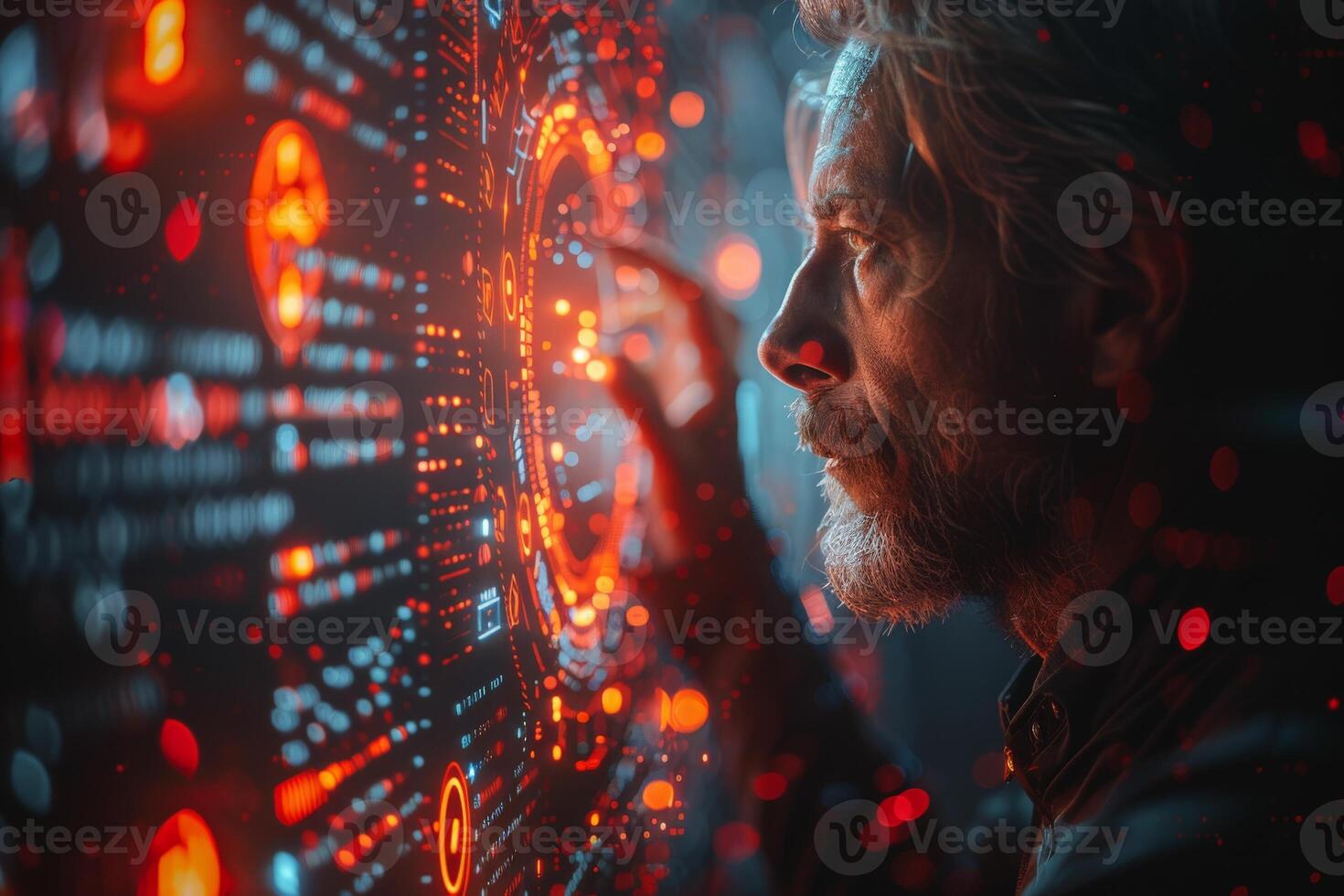 Man Using Touchscreen With Holographic Data Visualization And Digital